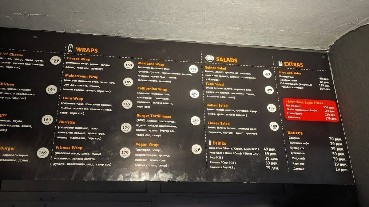 Menu at Munchies burger restaurant, Skopje