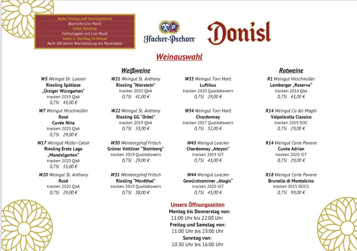 Speisekarte von Donisl München restaurant, München, Weinstraße 1