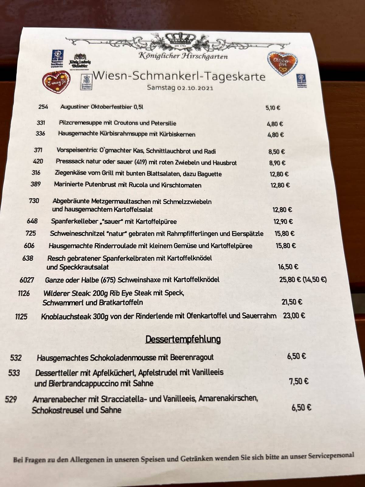 Speisekarte von Königlicher Hirschgarten restaurant, München ...