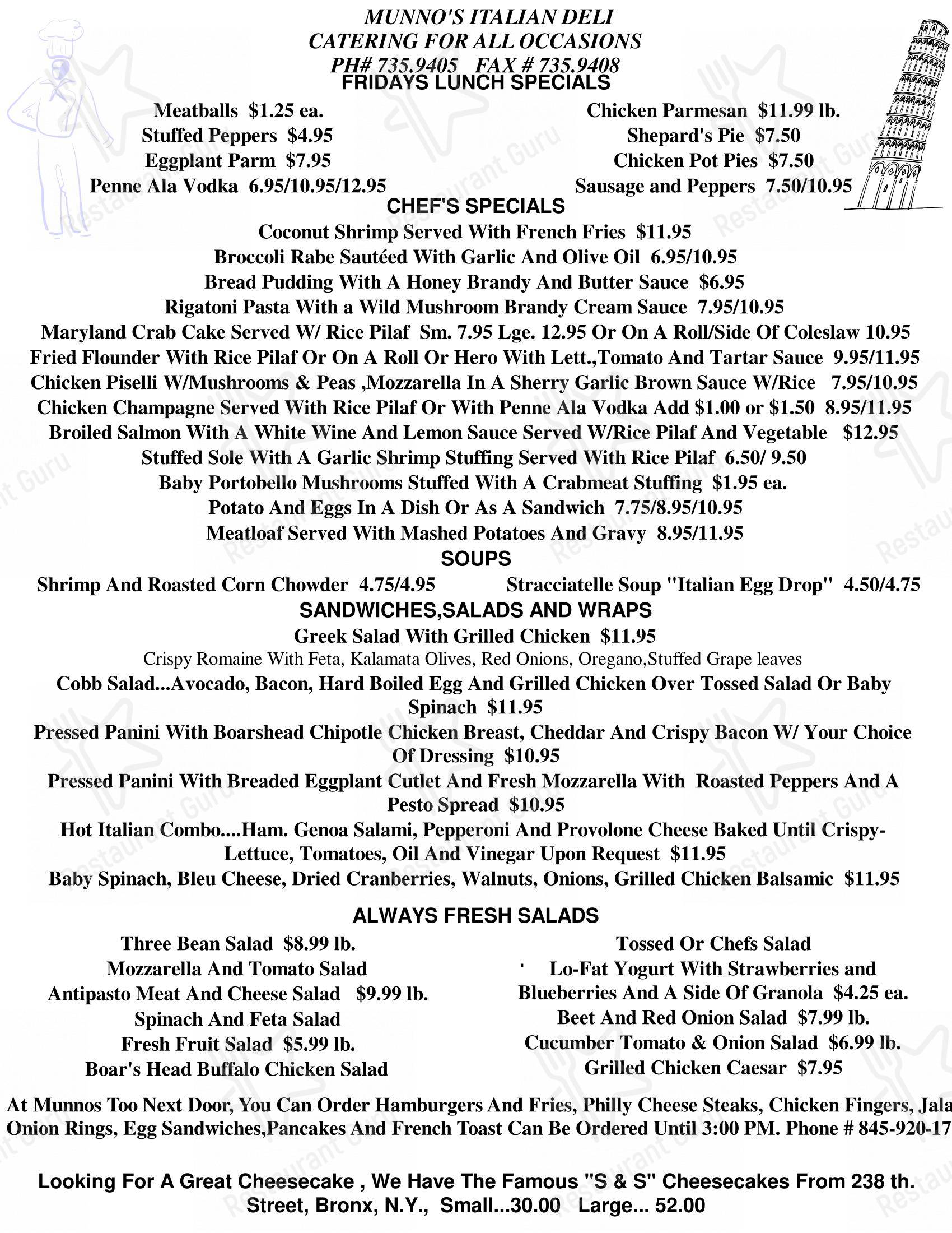 Menu at Munno's too restaurant, Pearl River