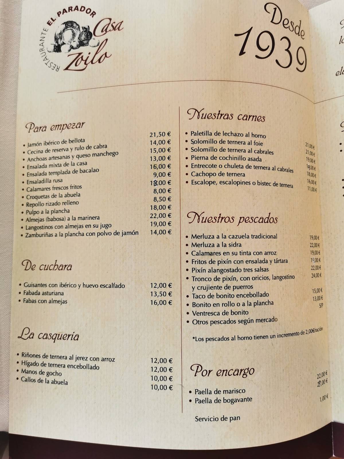 Carta de Restaurante Casa Zoilo, Muros de Nalón