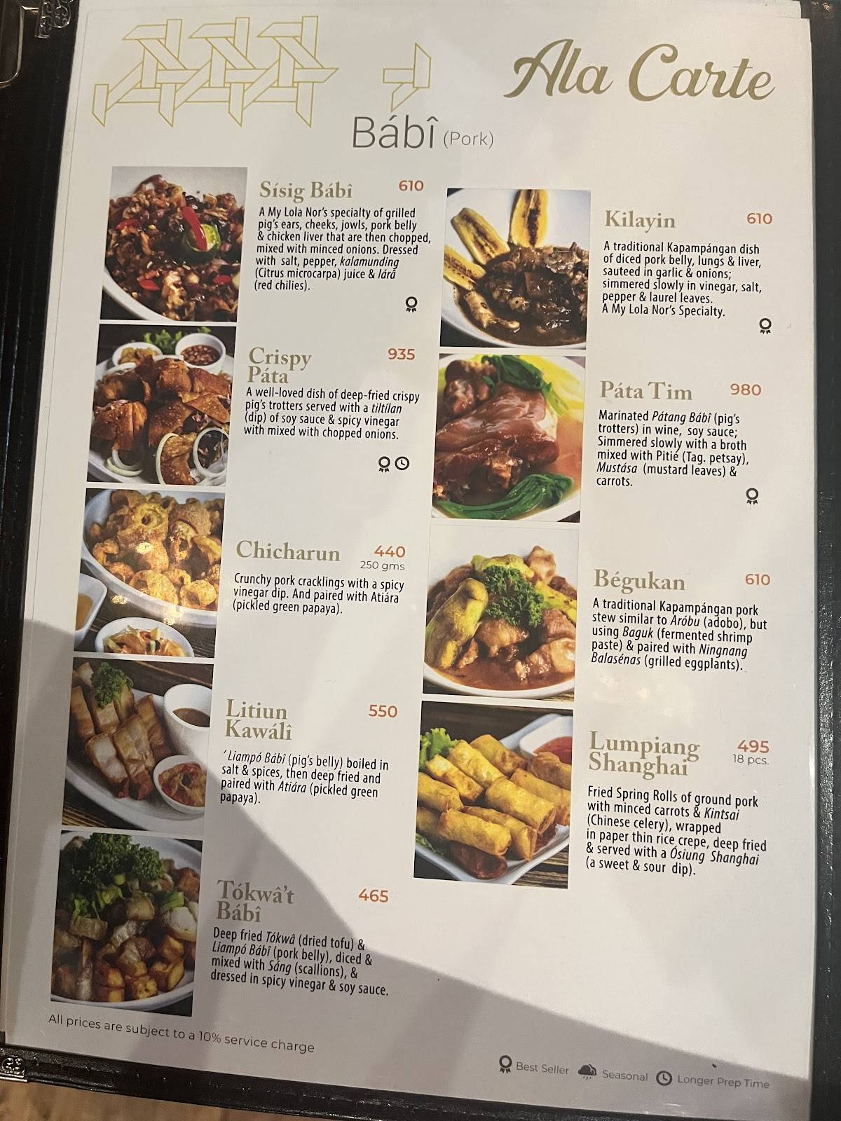 Menu at My Lola Nor's 301 restaurant, San Fernando, 4J86+4MG