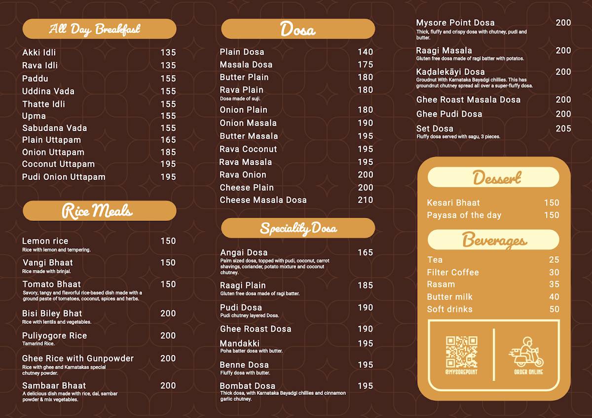 Menu at Mysore Point, Kolkata