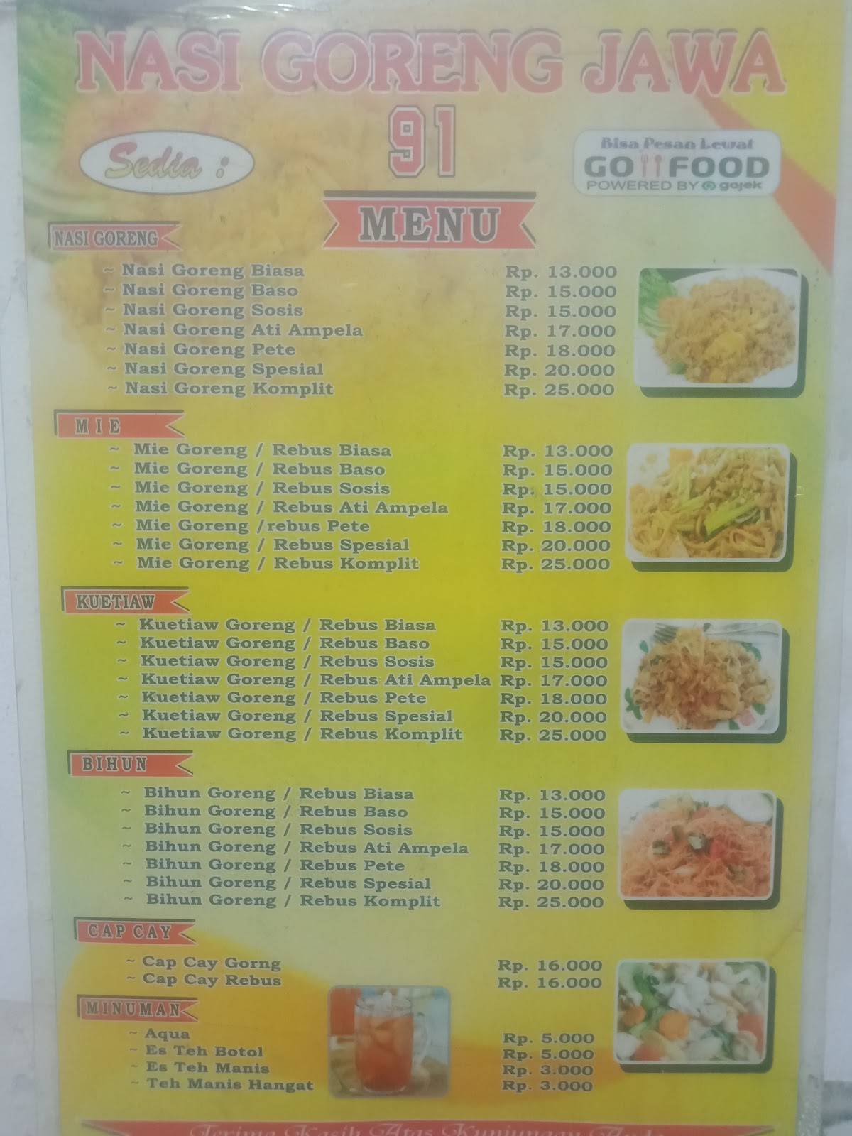 Menu at NASI GORENG JAWA 91 restaurant, Suka Bakti