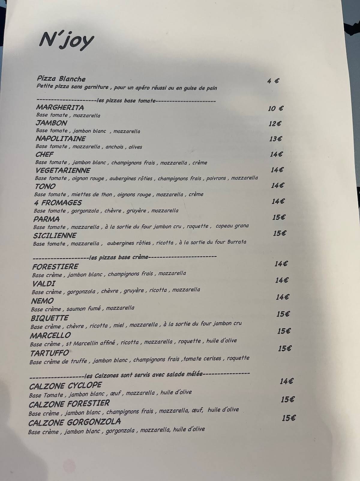 Menu at N'JOY, Trept