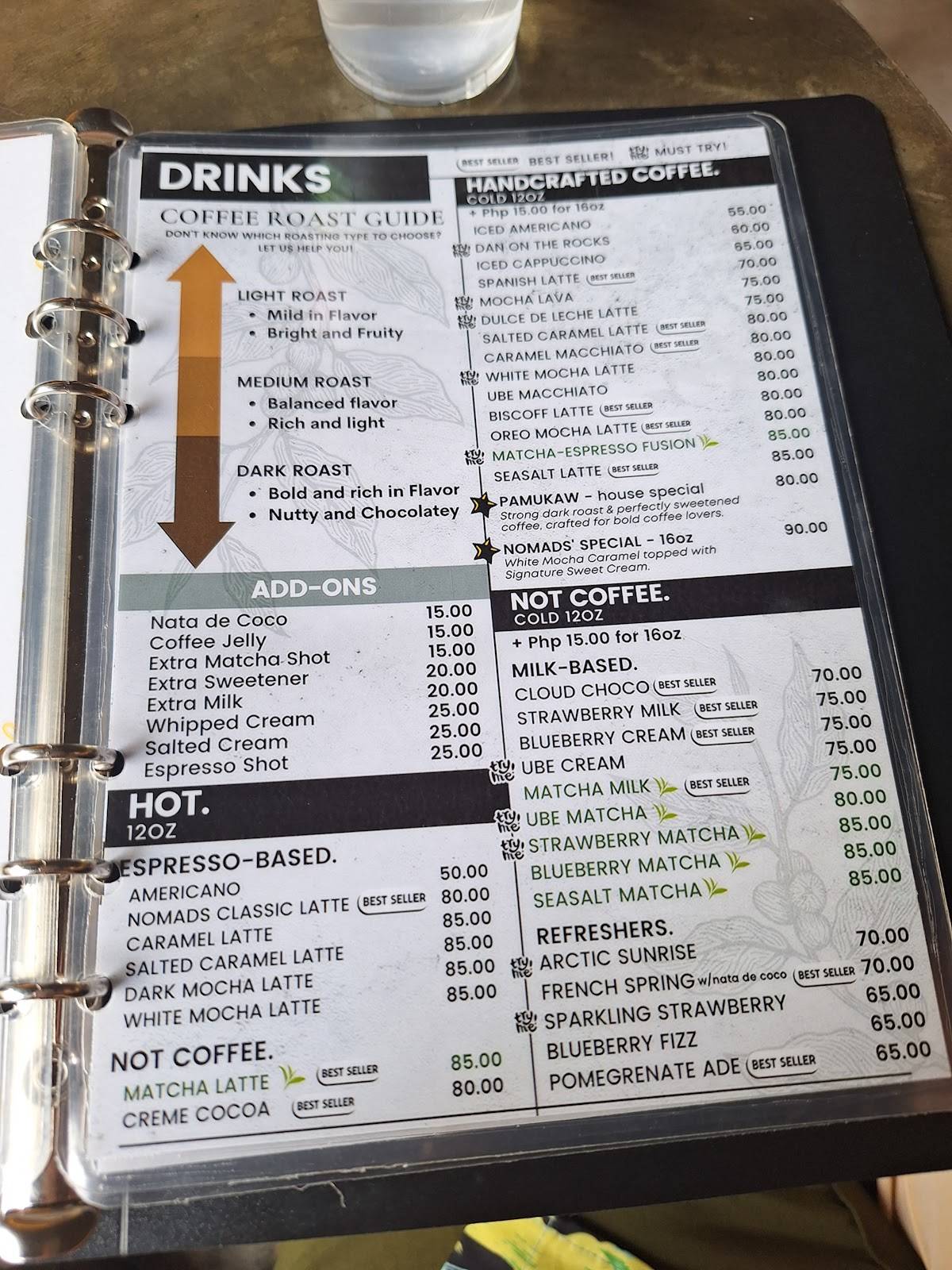 Menu at NOMADS cafe, Hinigaran
