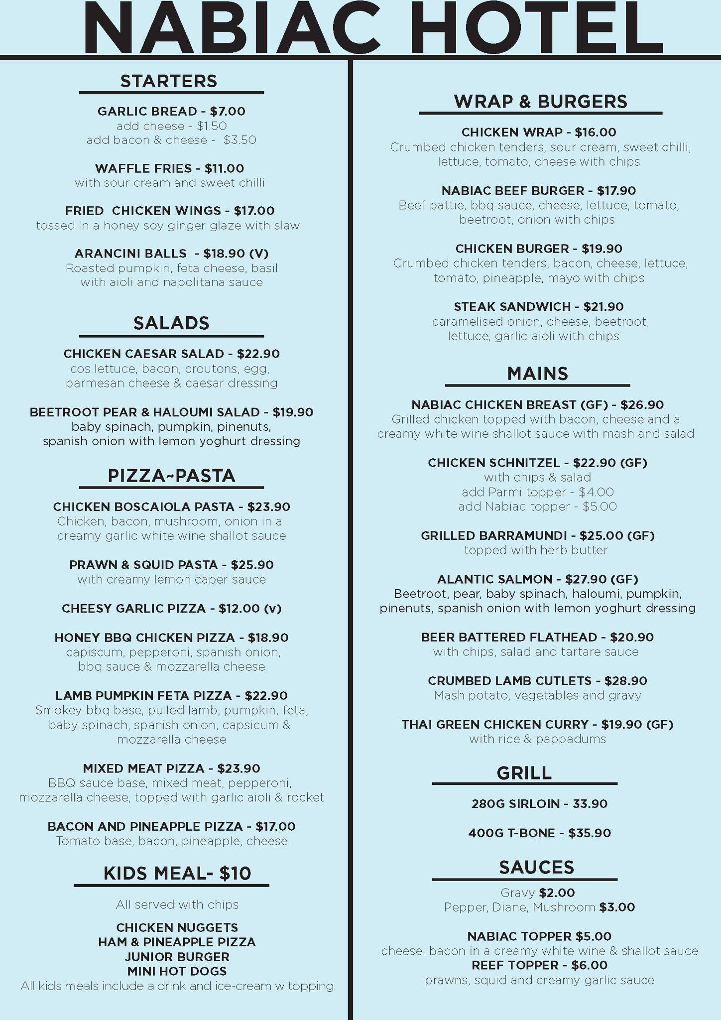 Menu at Nabiac Hotel fast food, Nabiac