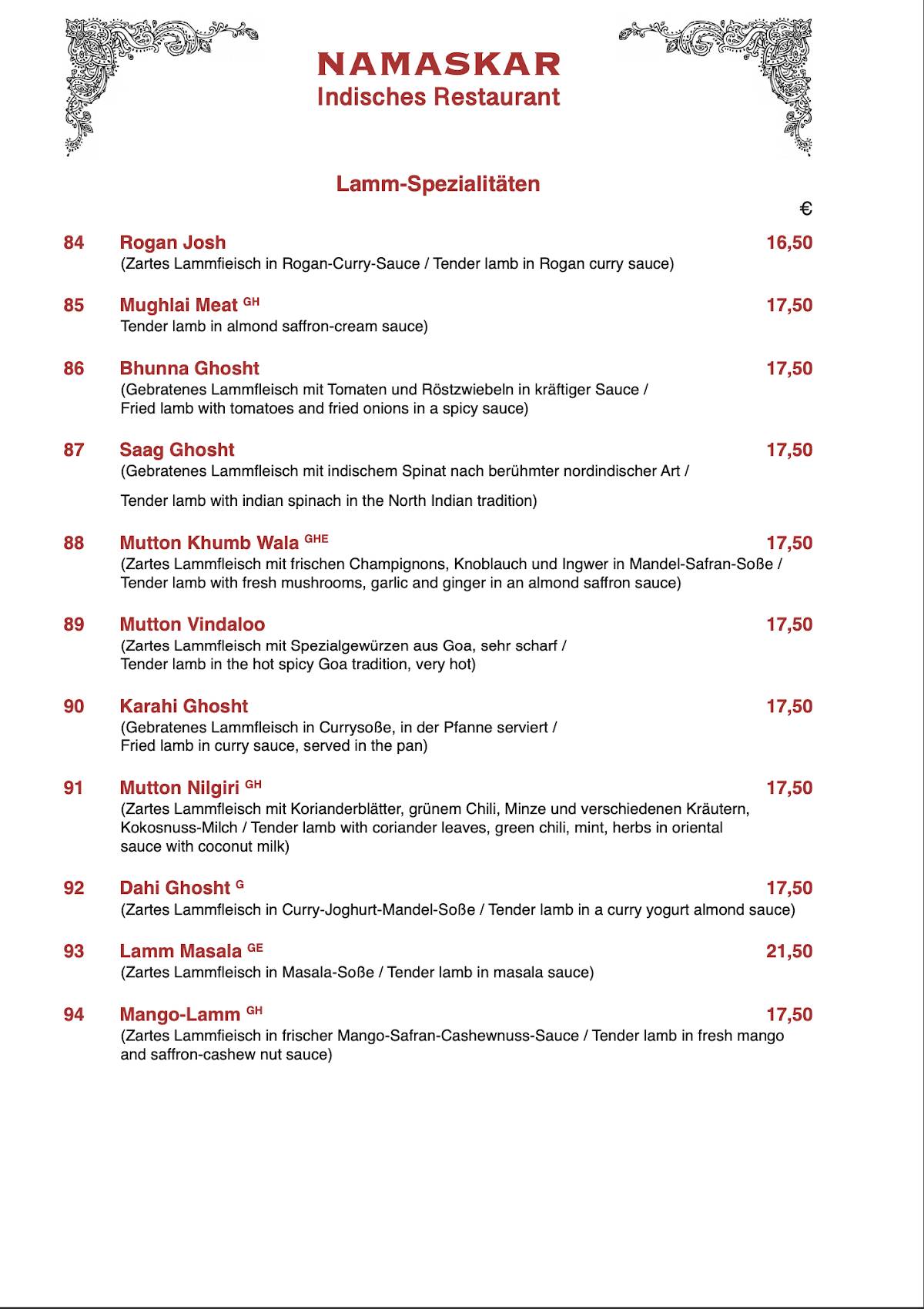 Menu at Namaskar Indisches Restaurant, Gauting