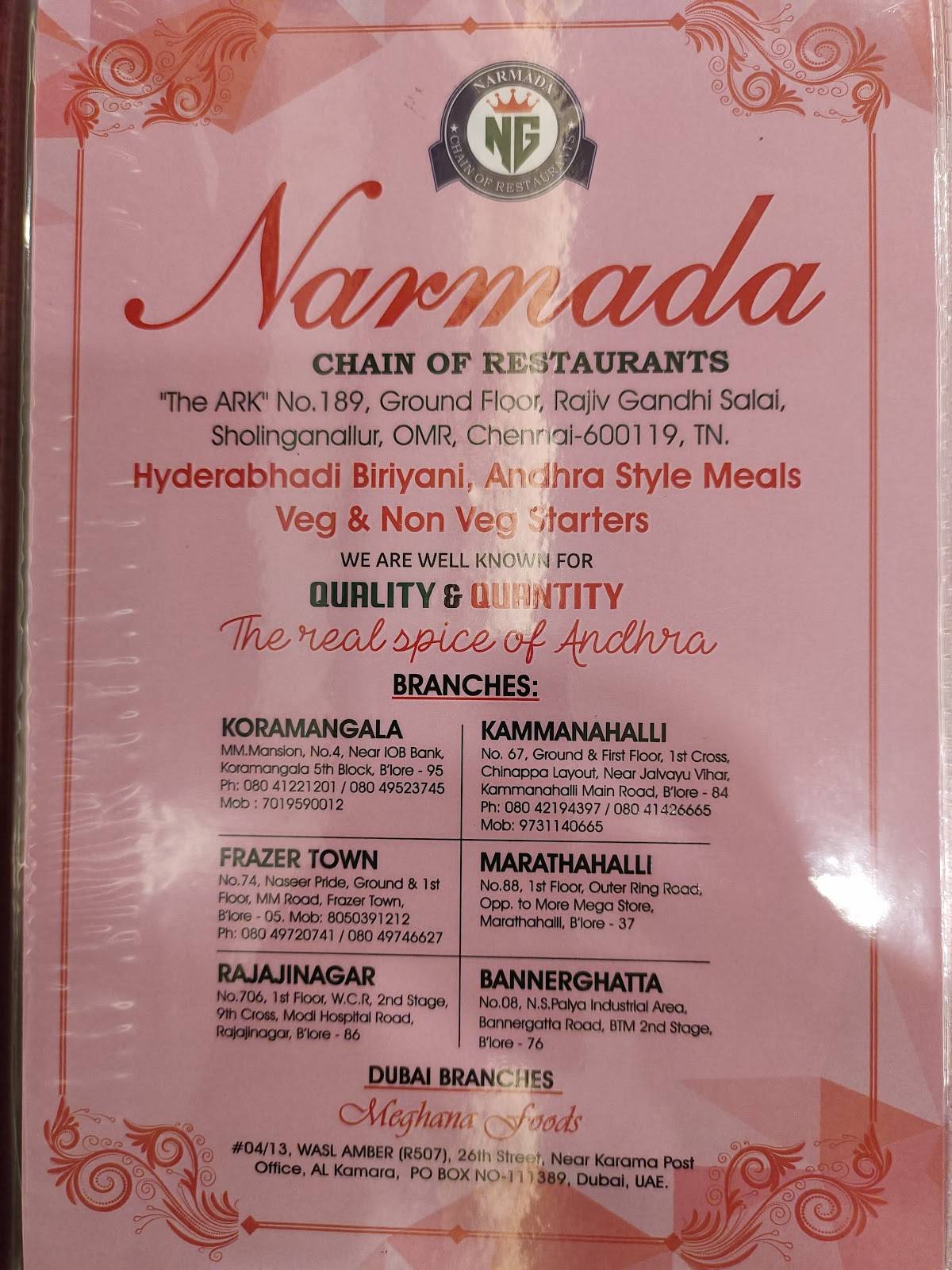 Menu at Narmada Chain Of Restaurant sholinganallur, Chennai
