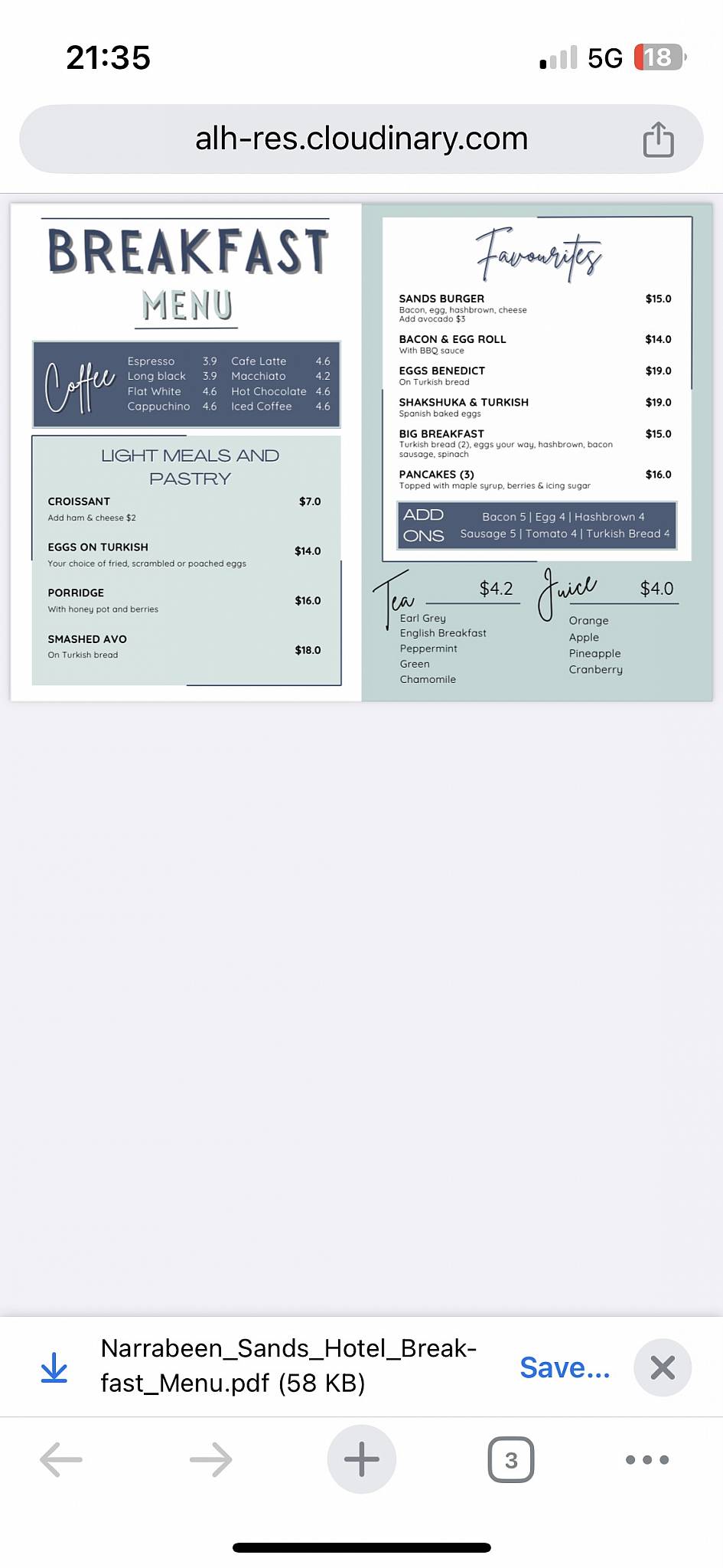 Menu at Narrabeen Sands Hotel restaurant, Narrabeen