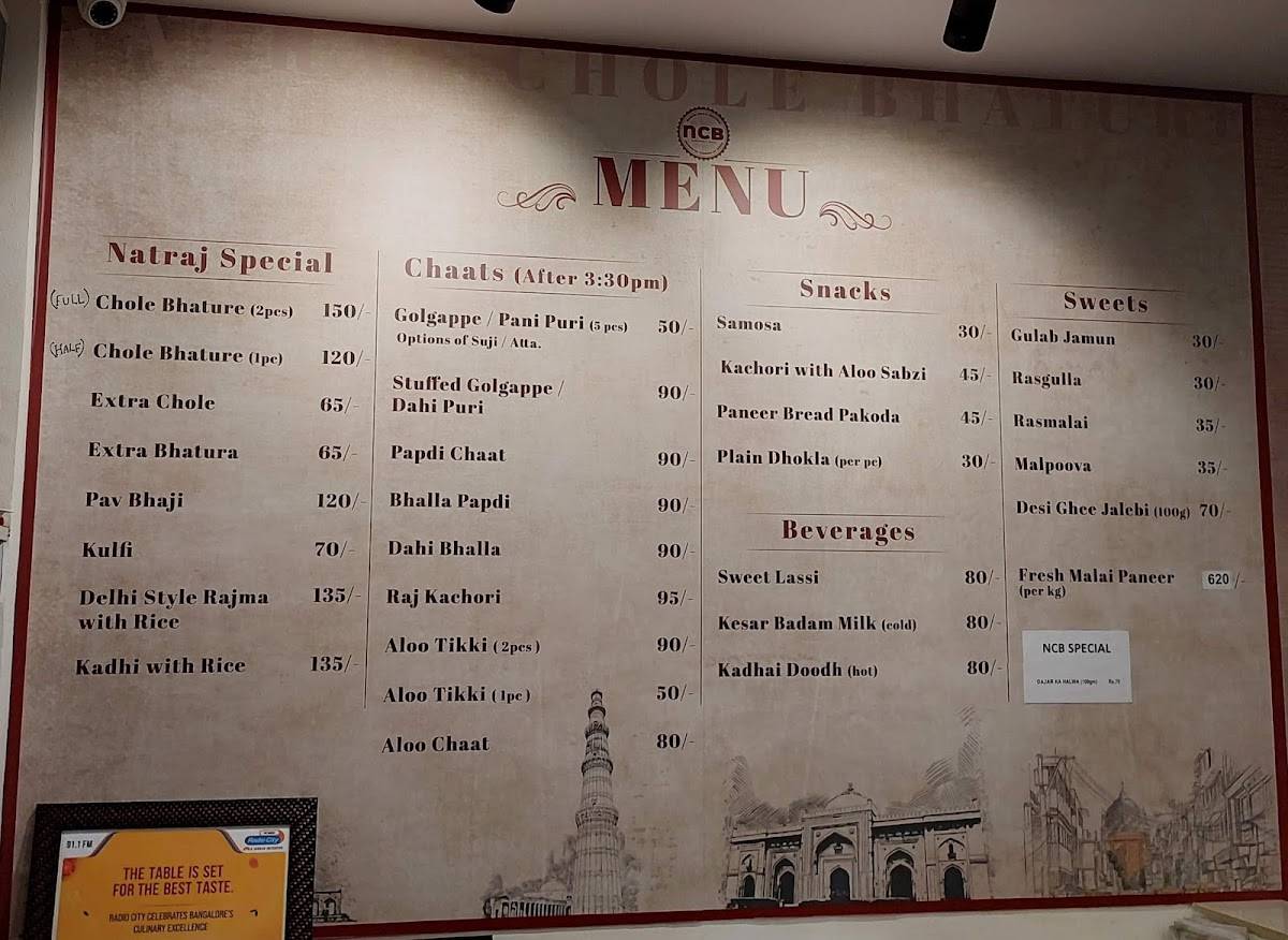 Menu at Natraj Chole Bhature Paharganj Wale, Bengaluru