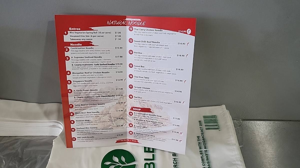 Menu at Natural Noodle restaurant, Bundaberg Central