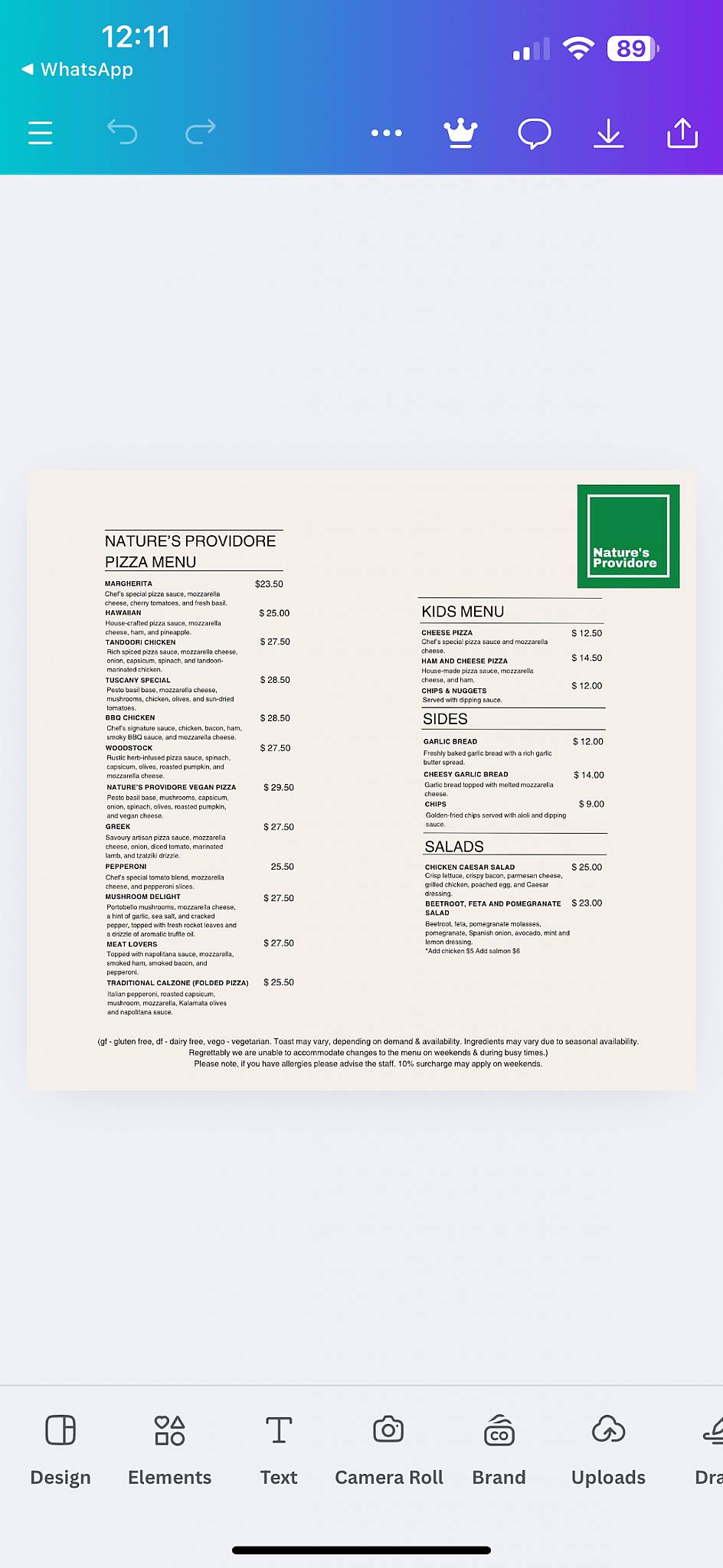 Menu at Nature's Providore pub & bar, Malvern