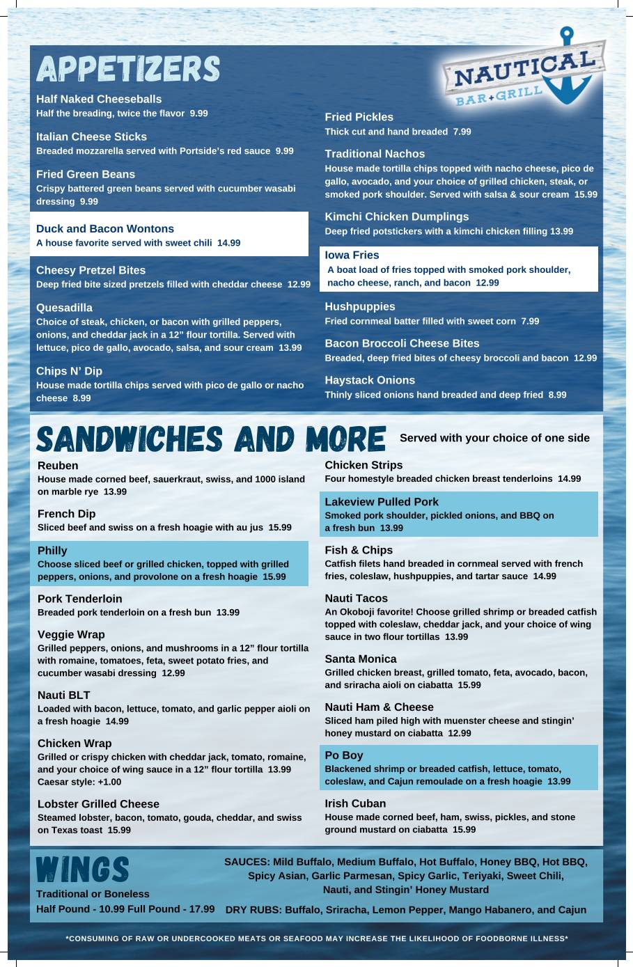 Menu at Nautical Bar and Grill, Arnolds Park