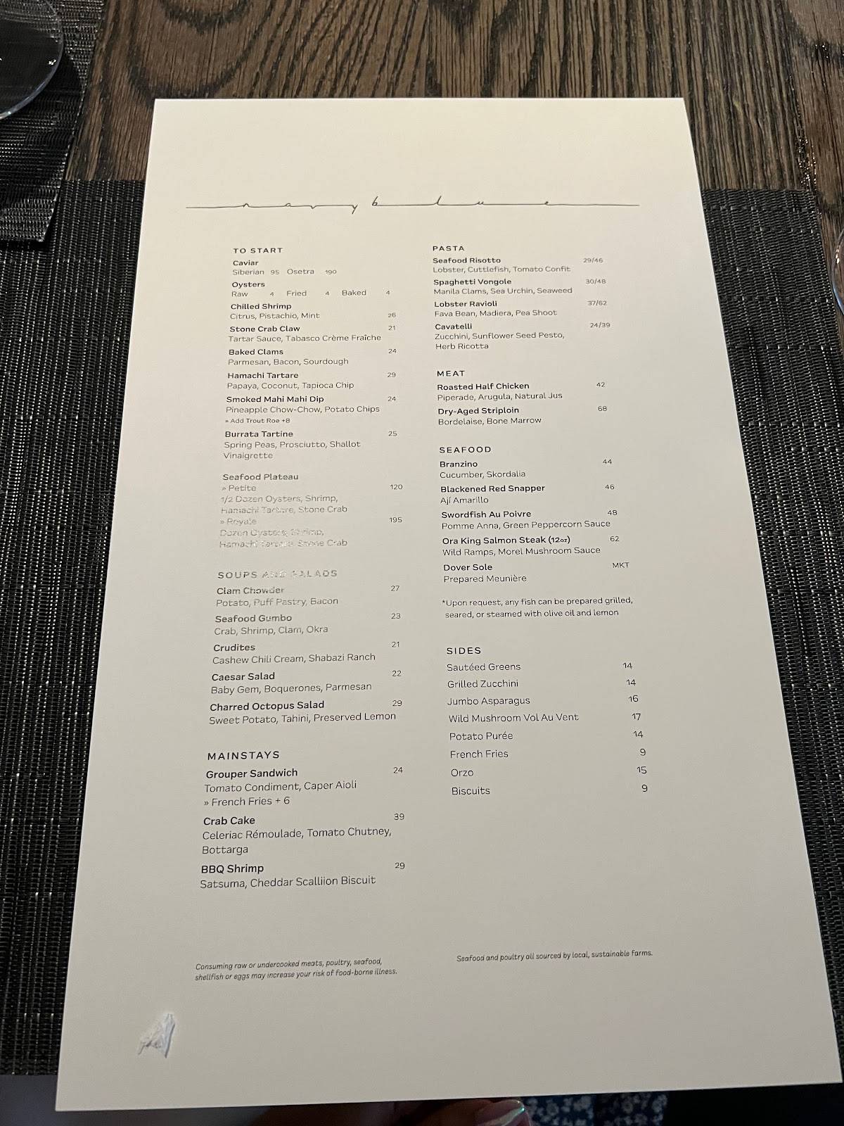 Menu at Navy Blue restaurant, Houston