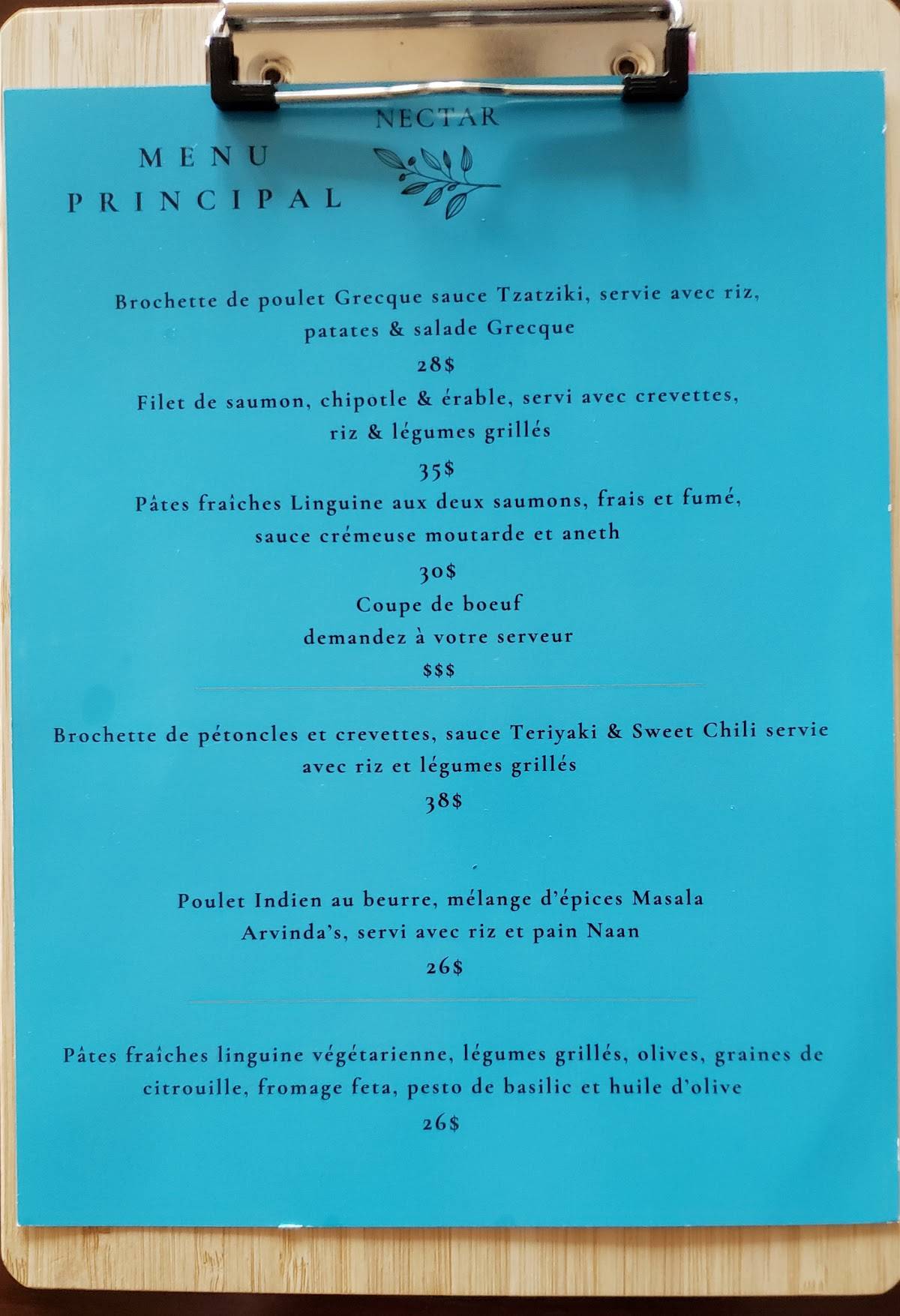 Menu at Nectar restaurant, Bathurst