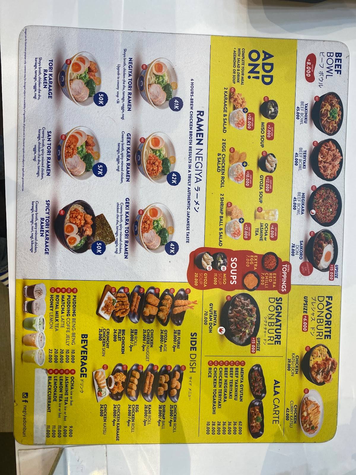 Menu at Negiya Express Mall of Indonesia restaurant, North Jakarta