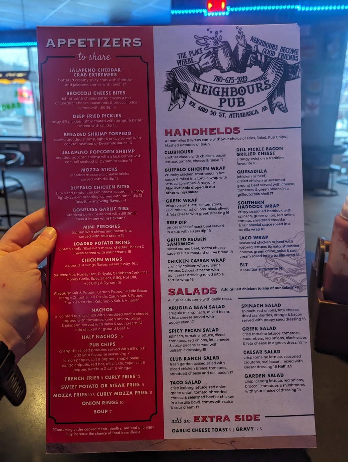 Menu at Neighbours Pub, Athabasca