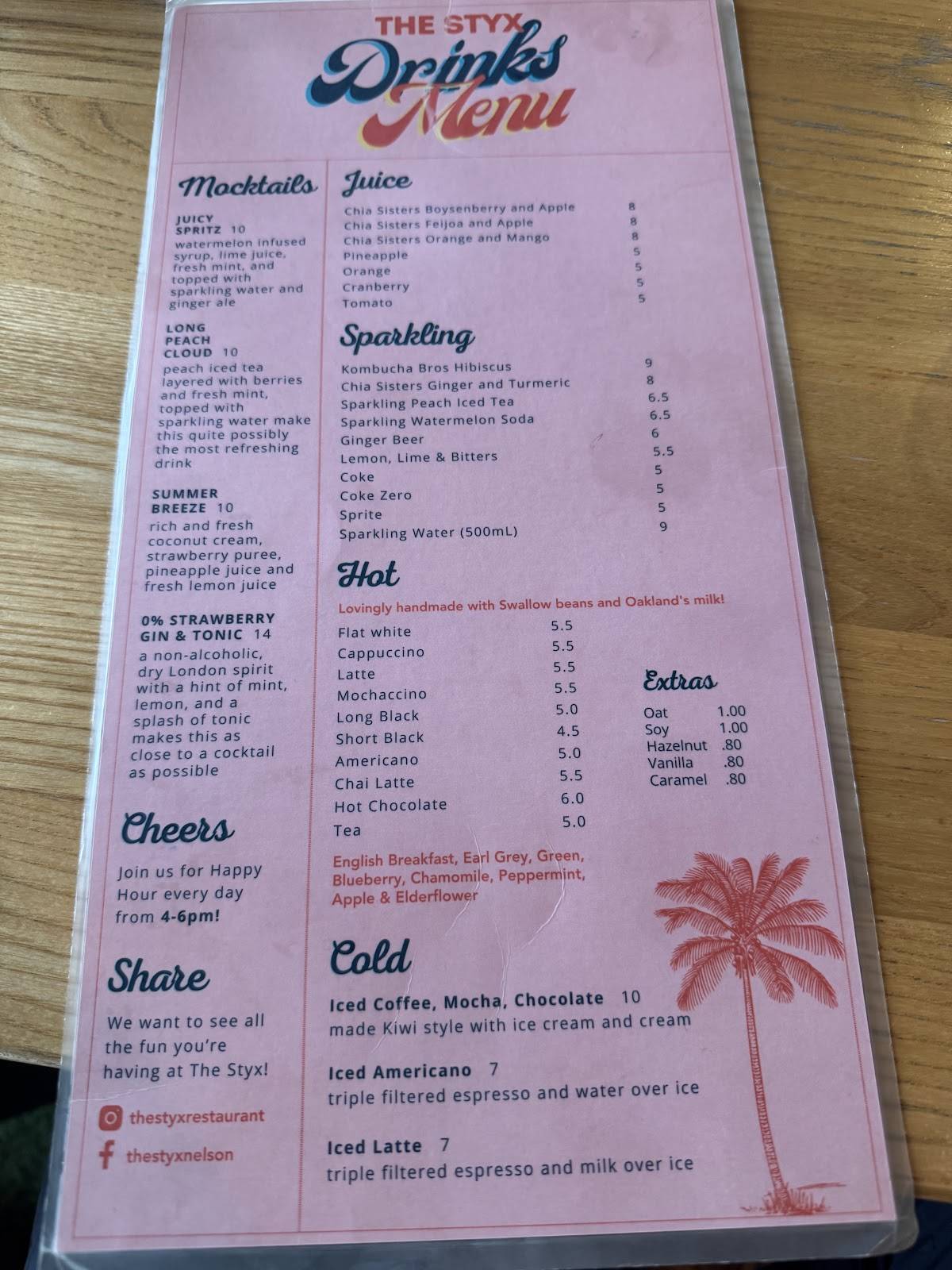 Menu at The Styx restaurant, Nelson