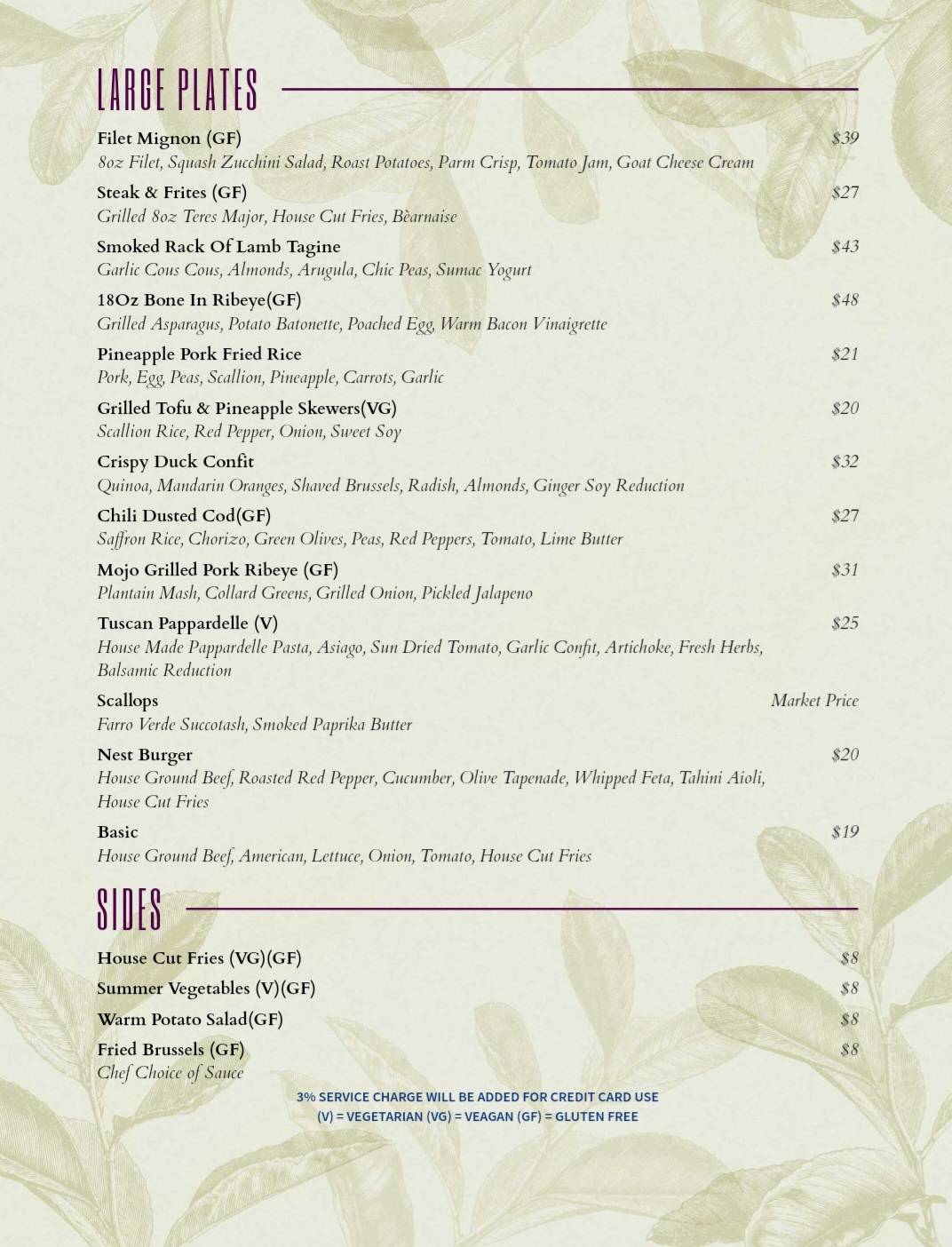 Menu at Nest restaurant, Thendara