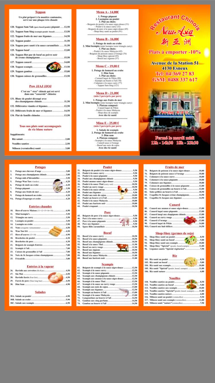Menu au New Asia, Esneux, Av. de la Station 51