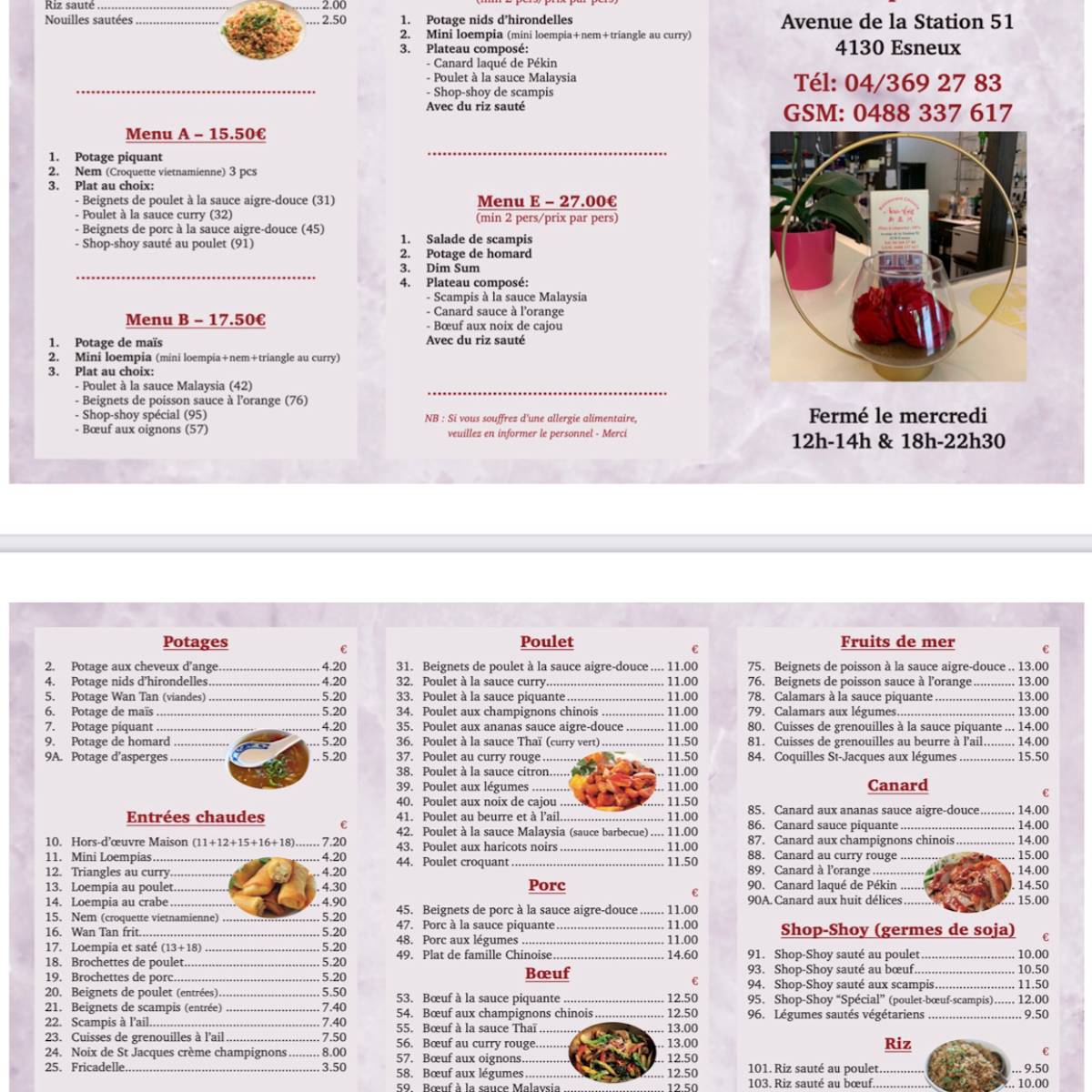Menu au New Asia, Esneux, Av. de la Station 51