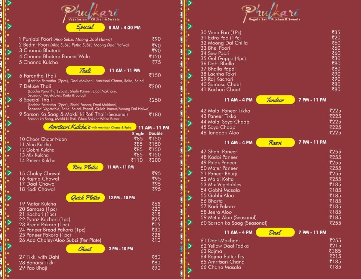 Menu at Phulkari, New Delhi, B1/2C