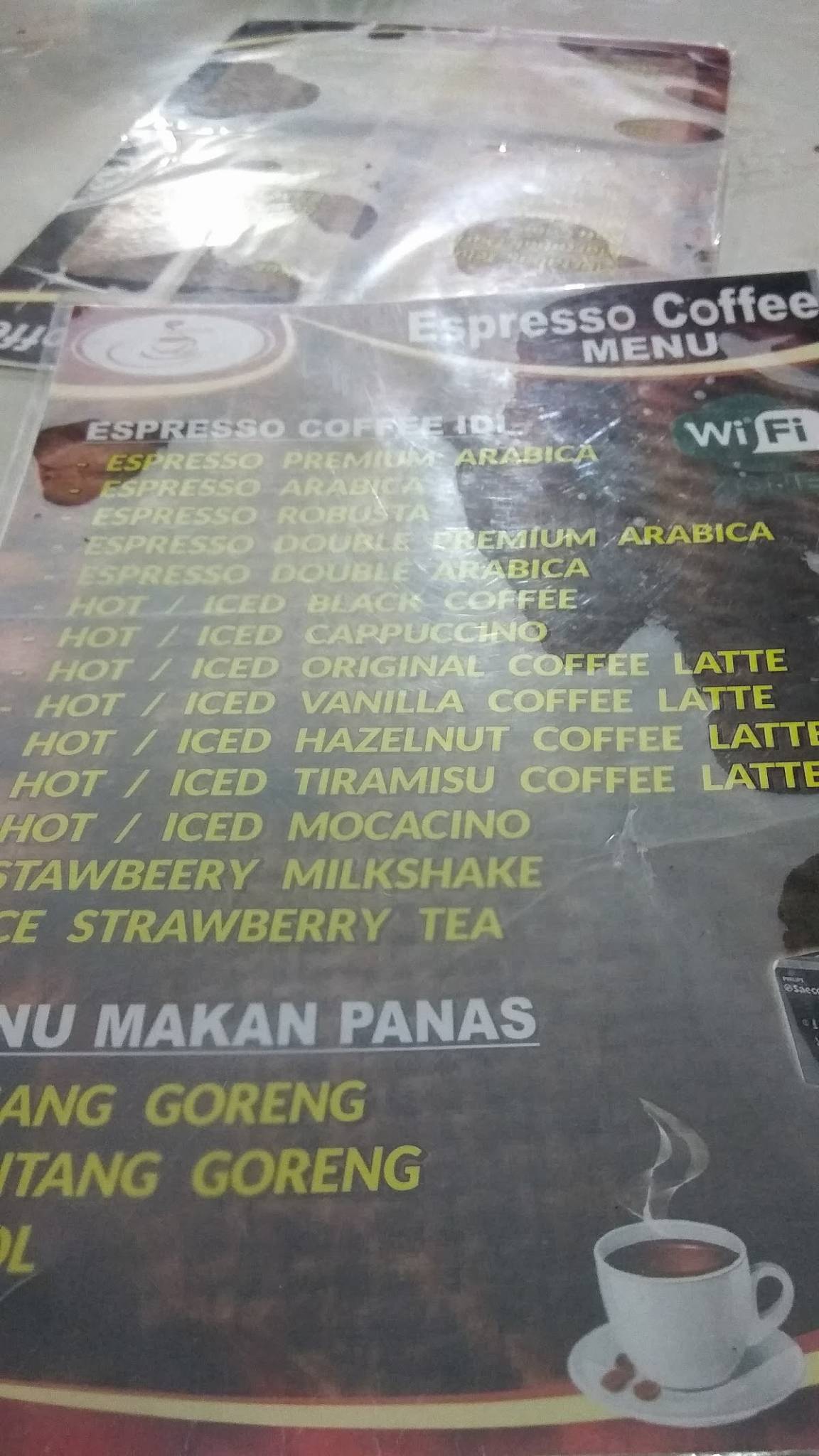 Menu at New Espresso, Indonesia