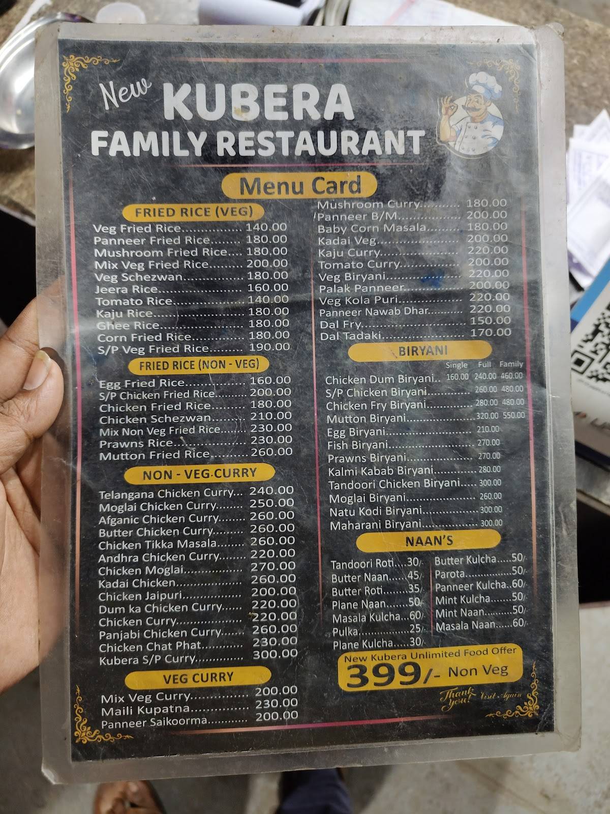 Menu at New Kubera family restaurant, Huzurabad