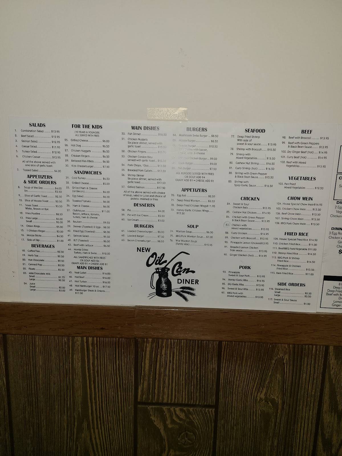 Menu at New Oil Can Diner restaurant, Rocanville