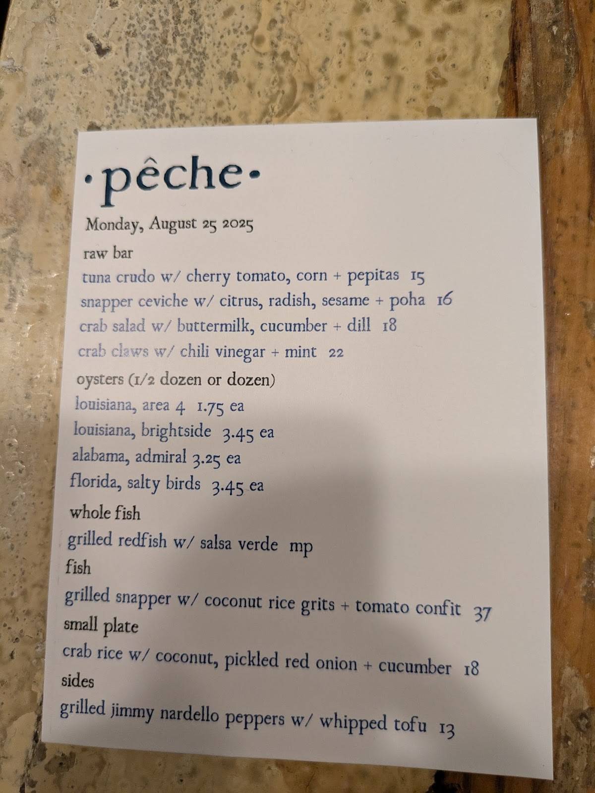 Menu at Pêche Seafood Grill restaurant, New Orleans