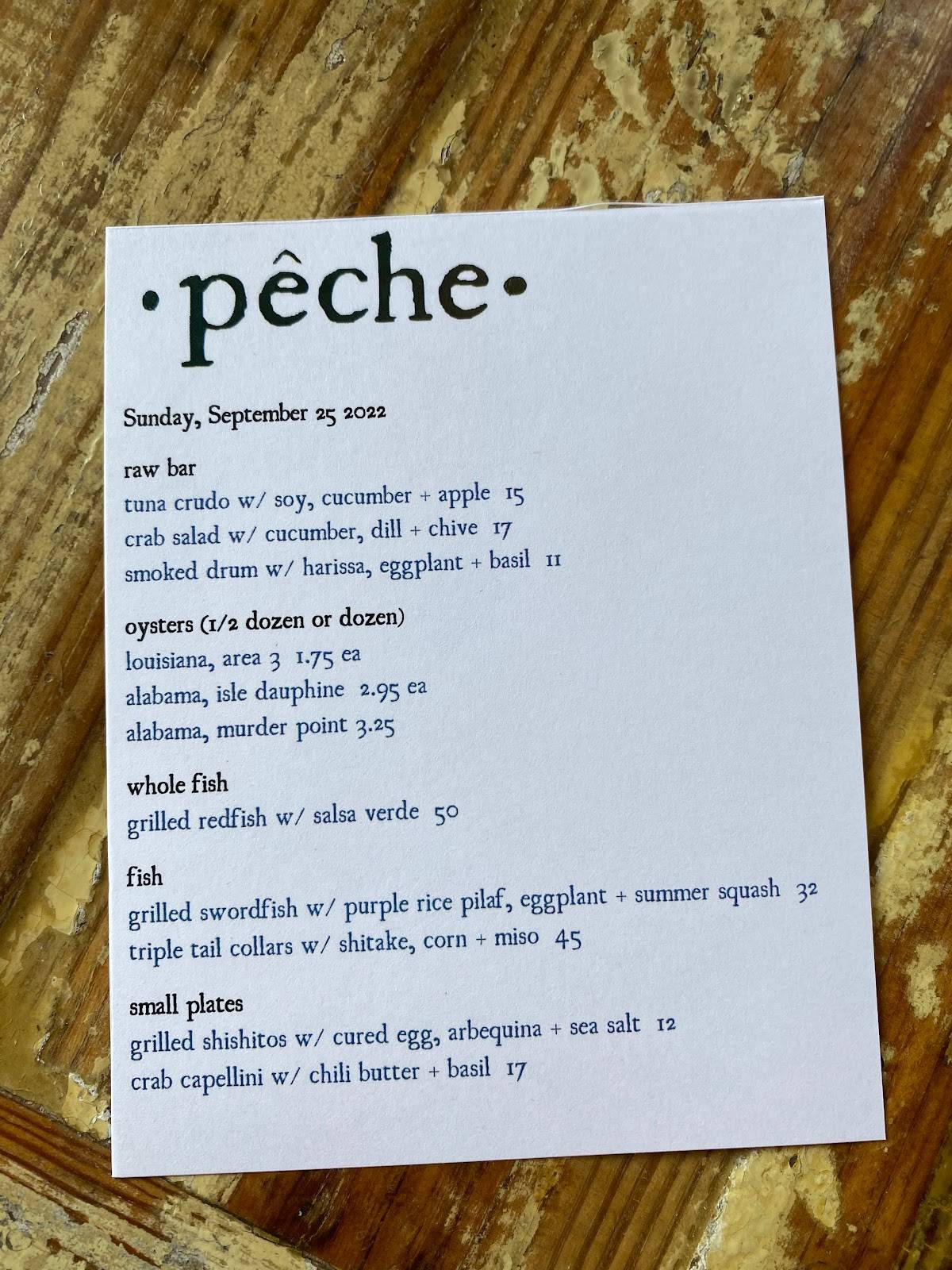 Menu at Pêche Seafood Grill restaurant, New Orleans