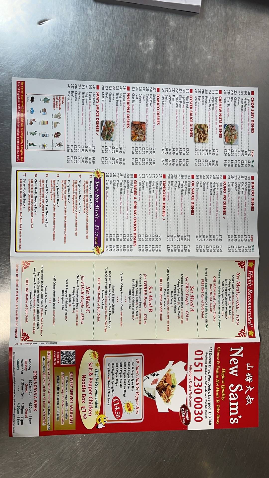Menu at New Sam's restaurant, Liverpool