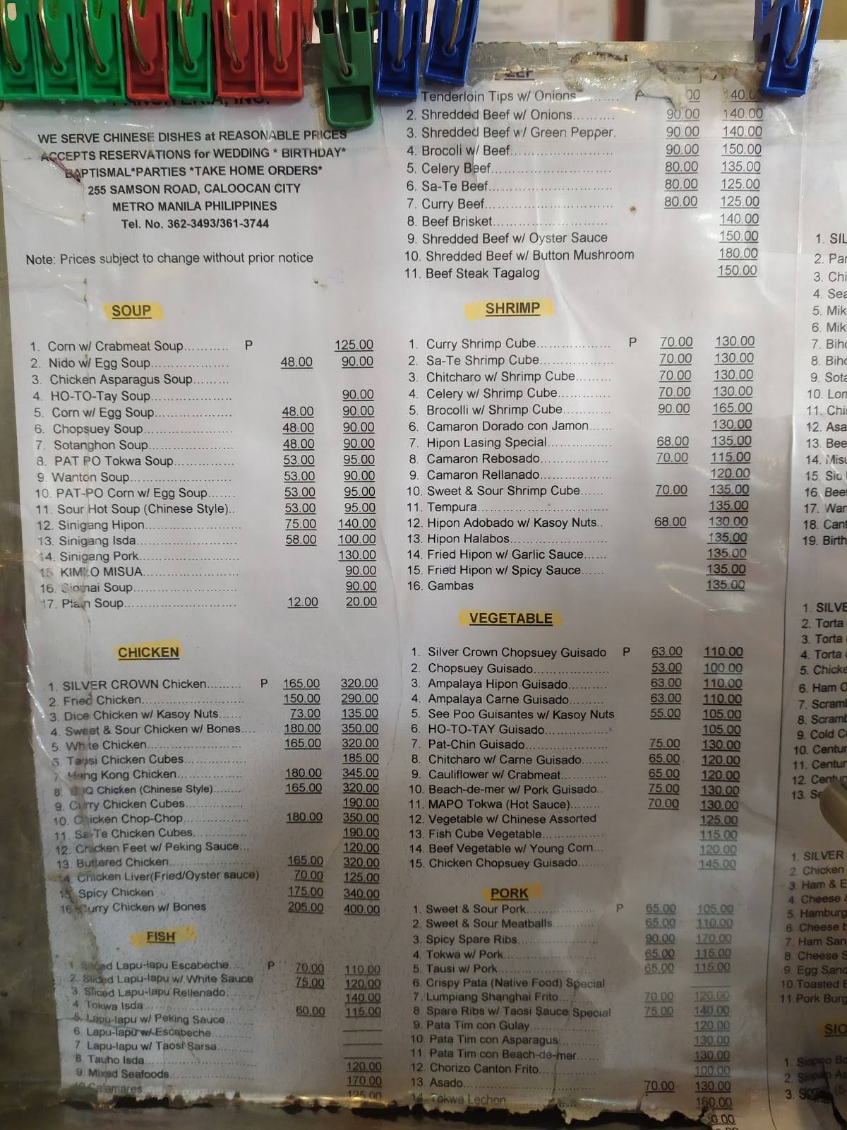 Menu at New Silver Crown Panciteria, Inc. restaurant, Caloocan