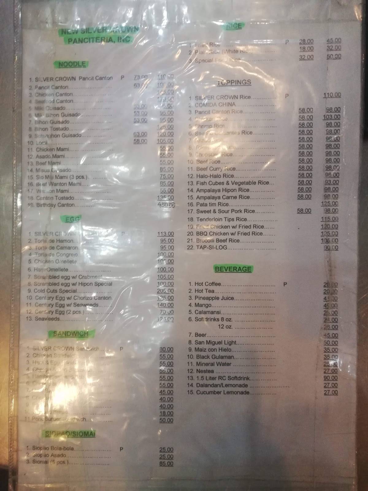 Menu at New Silver Crown Panciteria, Inc. restaurant, Caloocan
