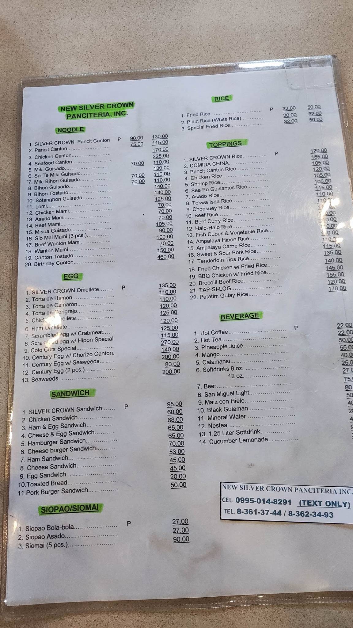 Menu at New Silver Crown Panciteria, Inc. restaurant, Caloocan