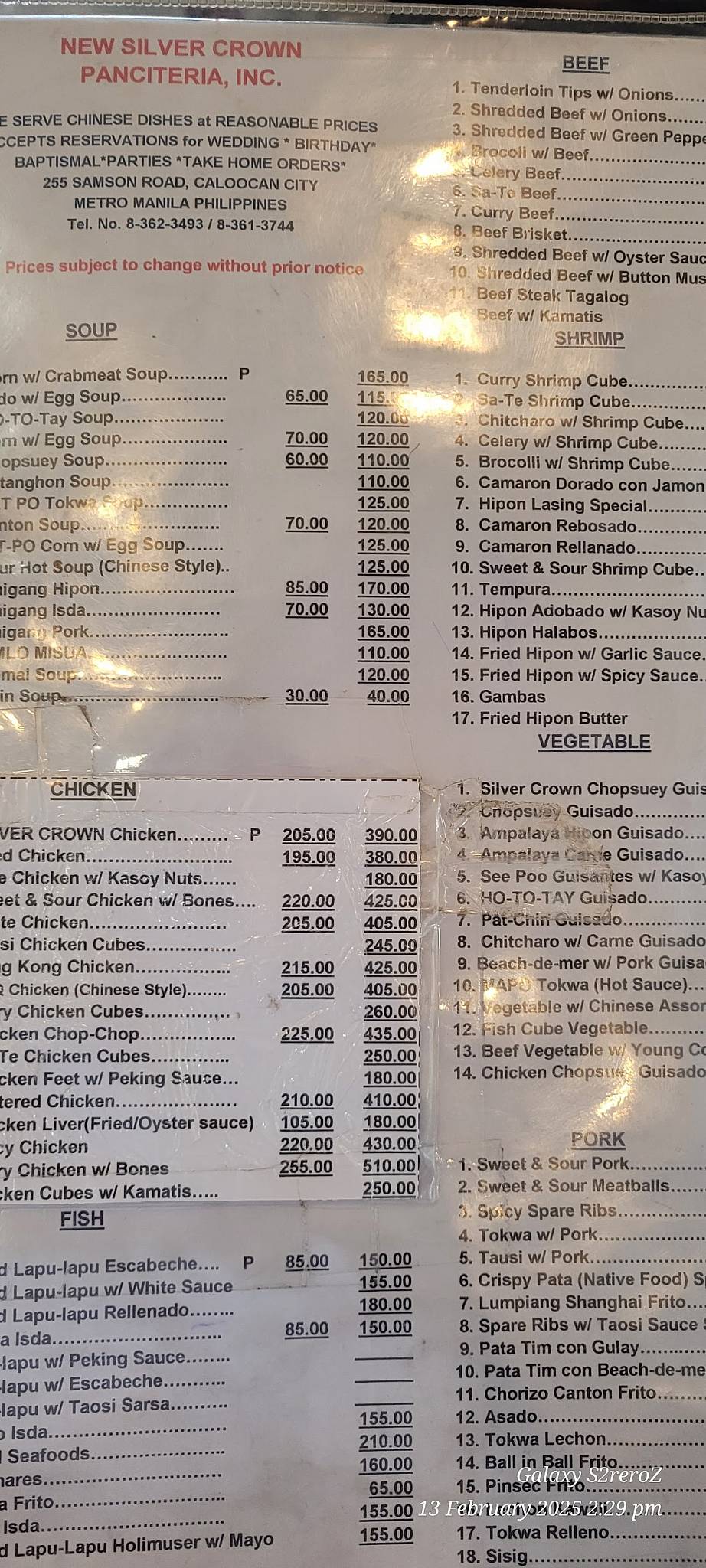 Menu at New Silver Crown Panciteria, Inc. restaurant, Caloocan