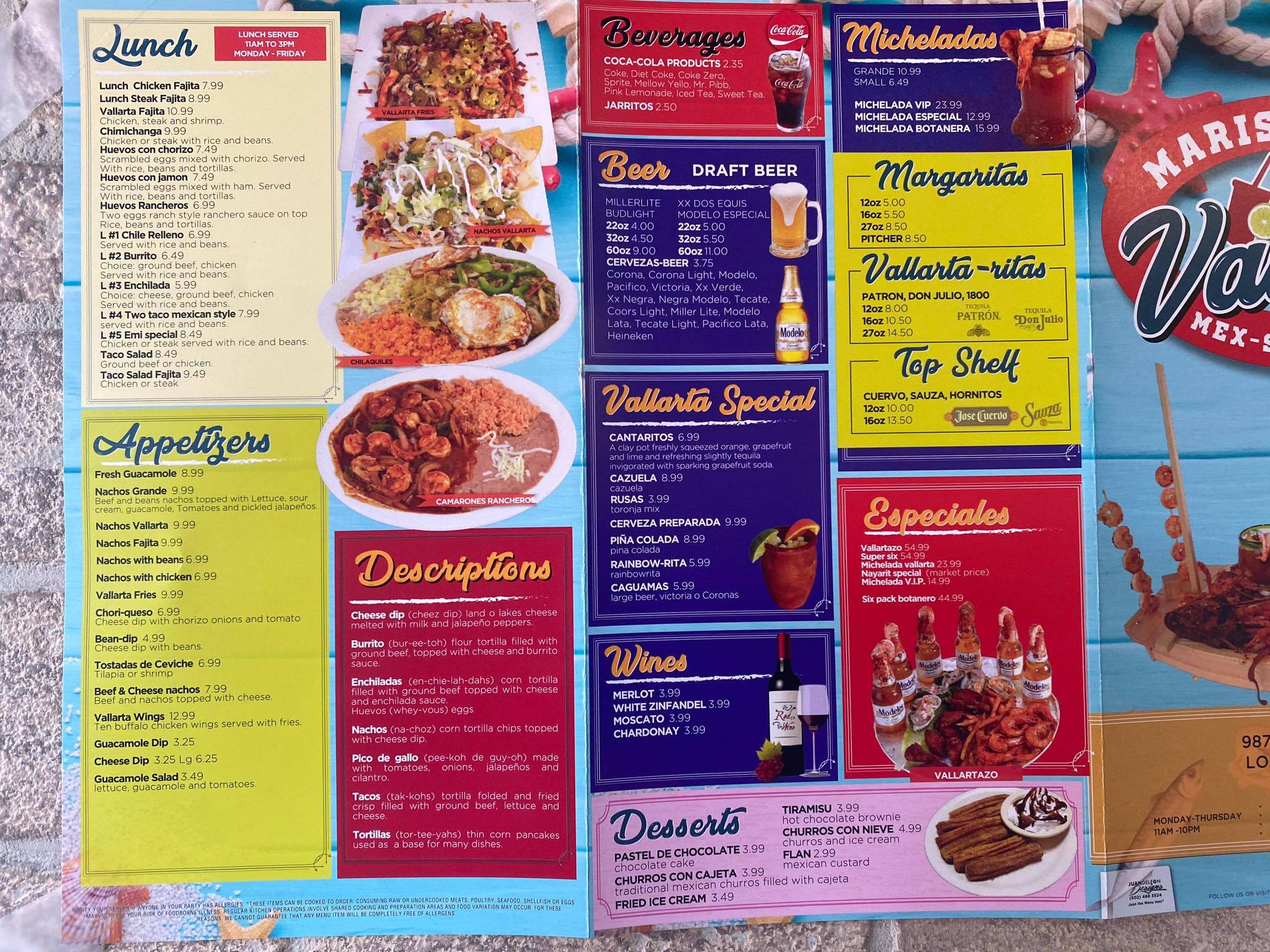 Menu at New Vallarta Taqueria & Mexican Seafood restaurant, Louisville