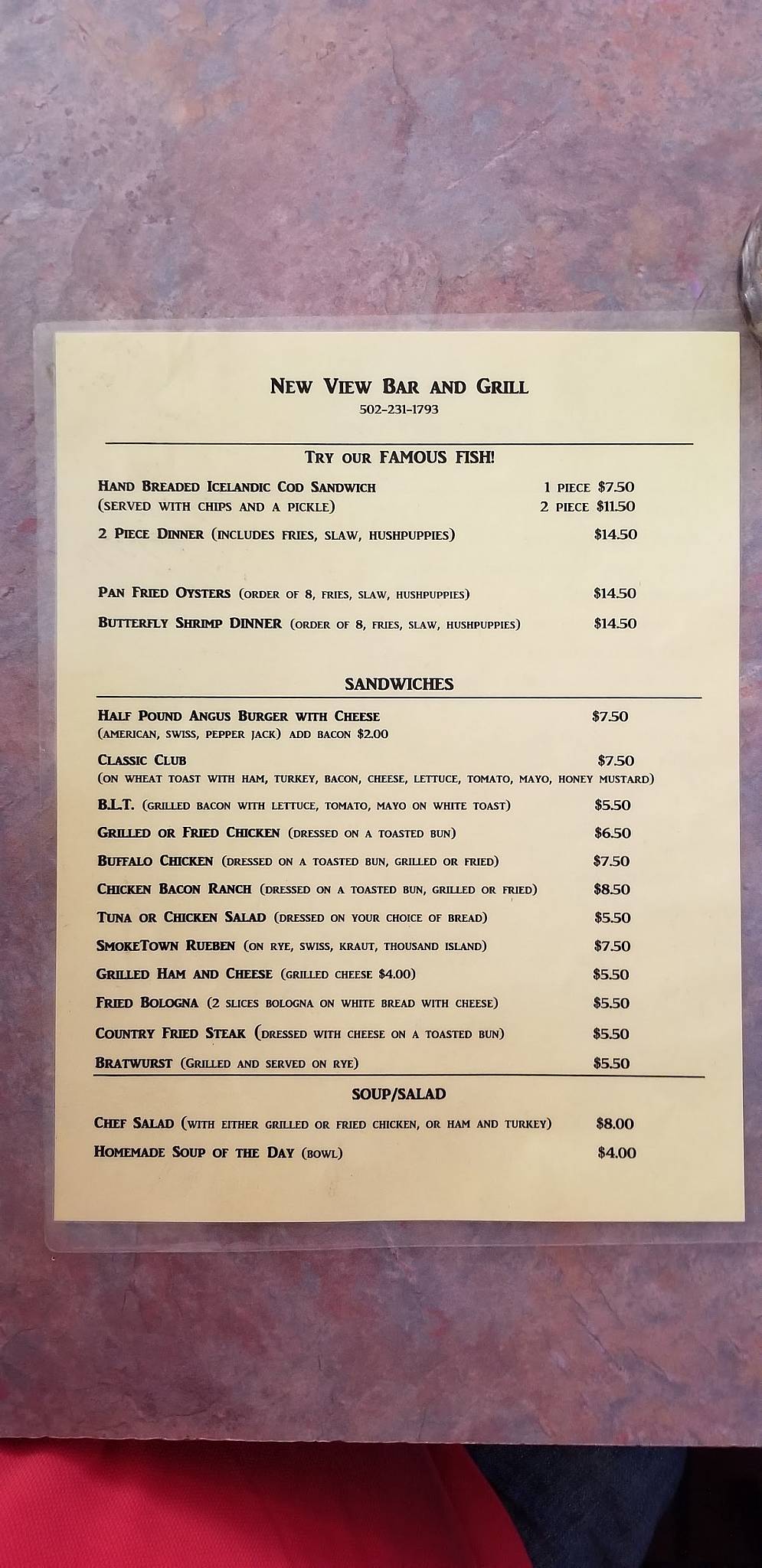 Menu at New View Bar & Grill, Louisville