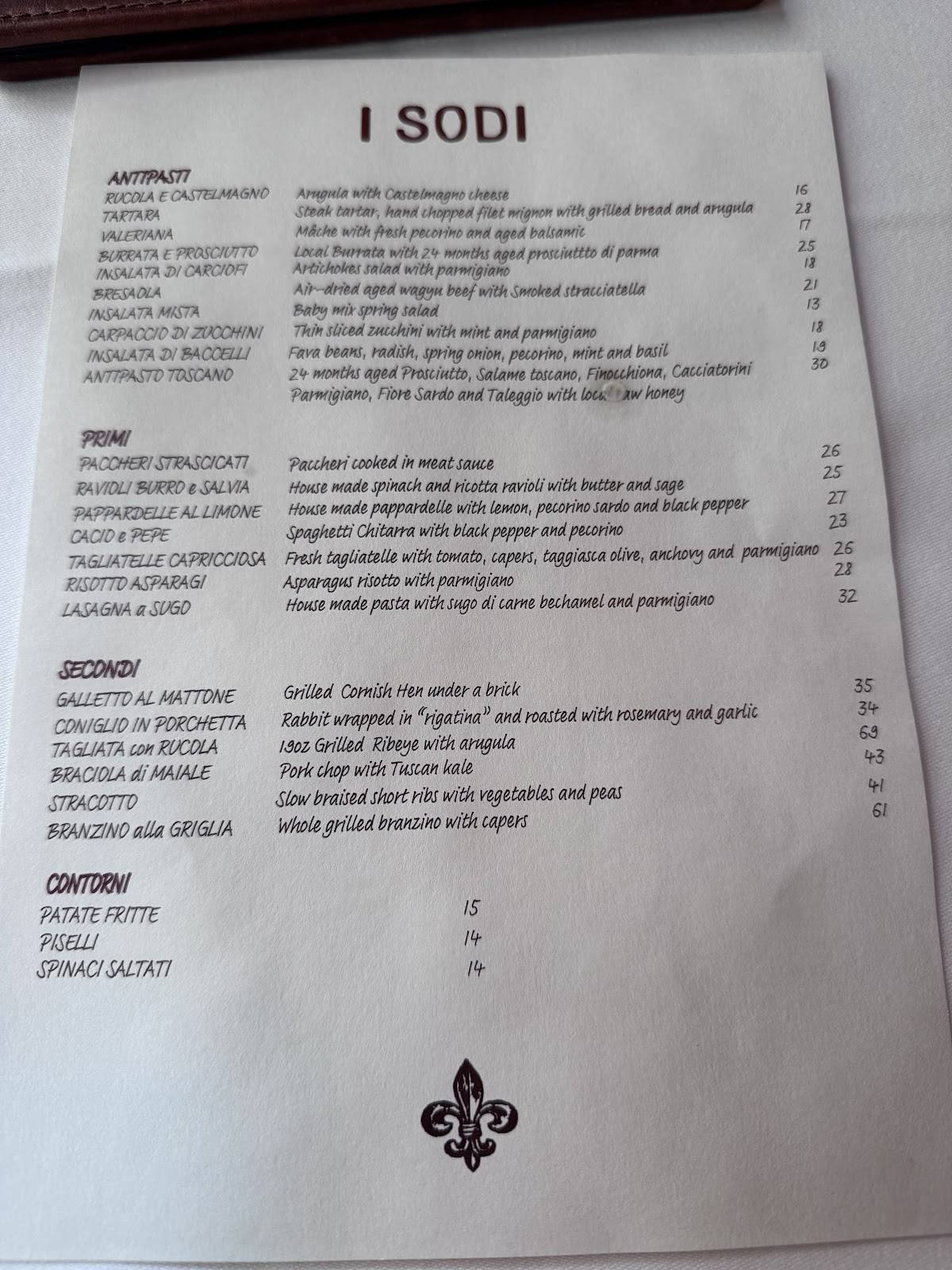 Menu at I Sodi restaurant, New York City, 314 Bleecker St