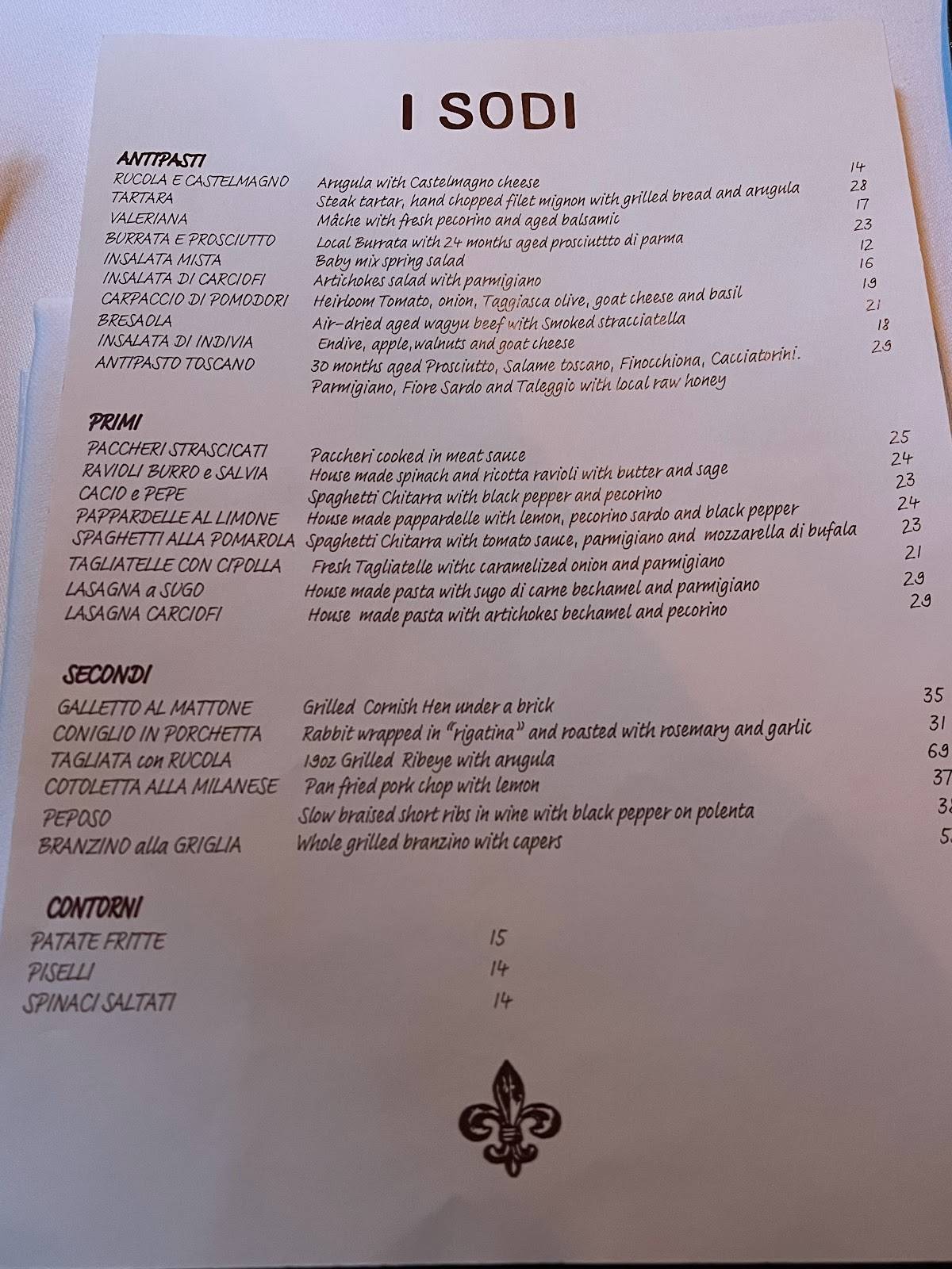 Menu at I Sodi restaurant, New York City, 314 Bleecker St