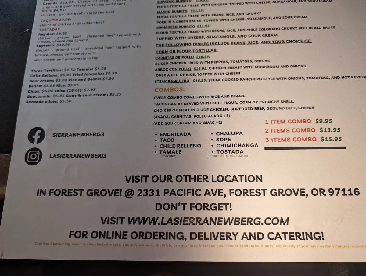 Menu at La Sierra Mexican Restaurant & Cantina, Newberg