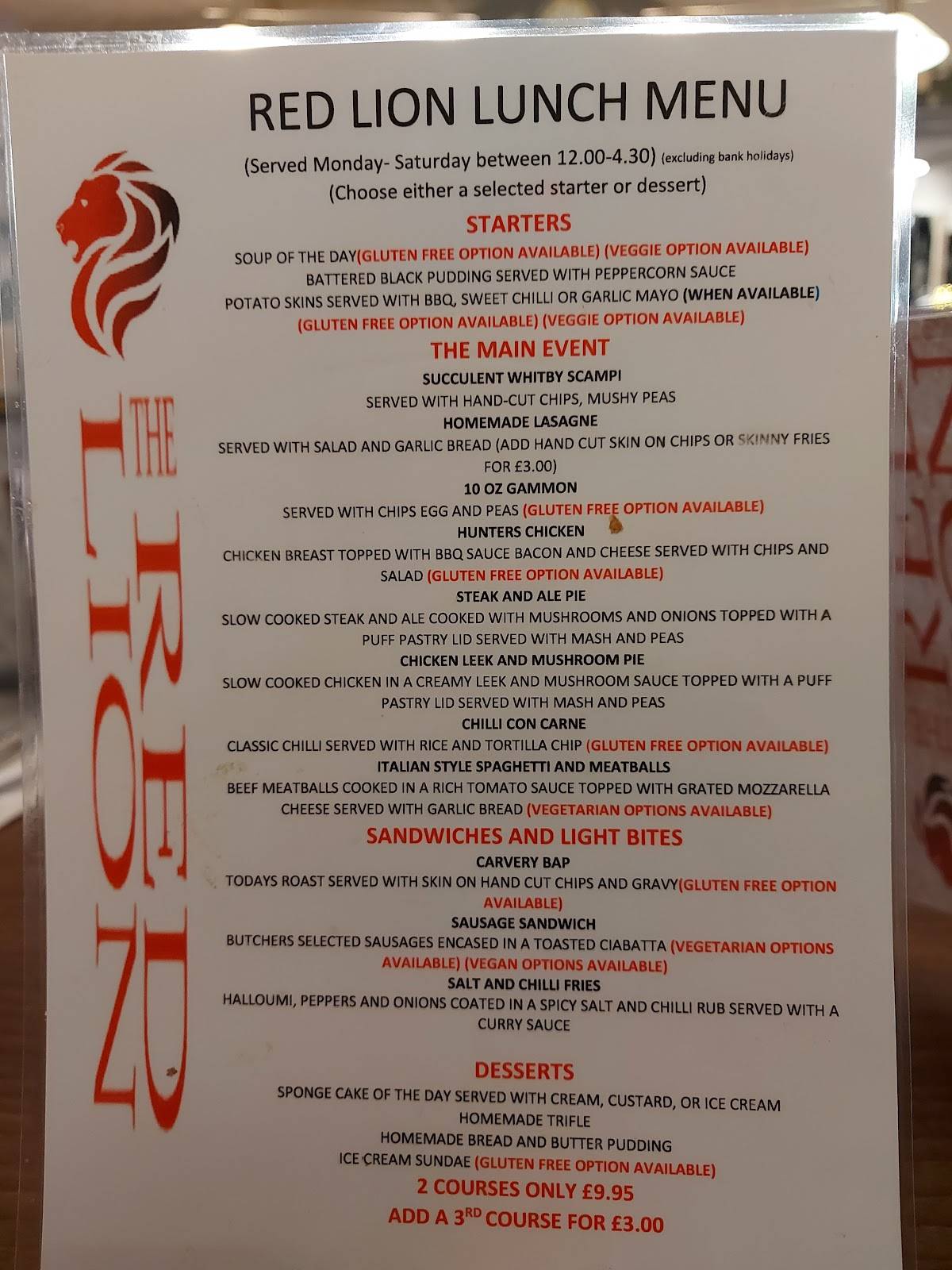 Menu at The Red Lion pub & bar, Whitley Bay