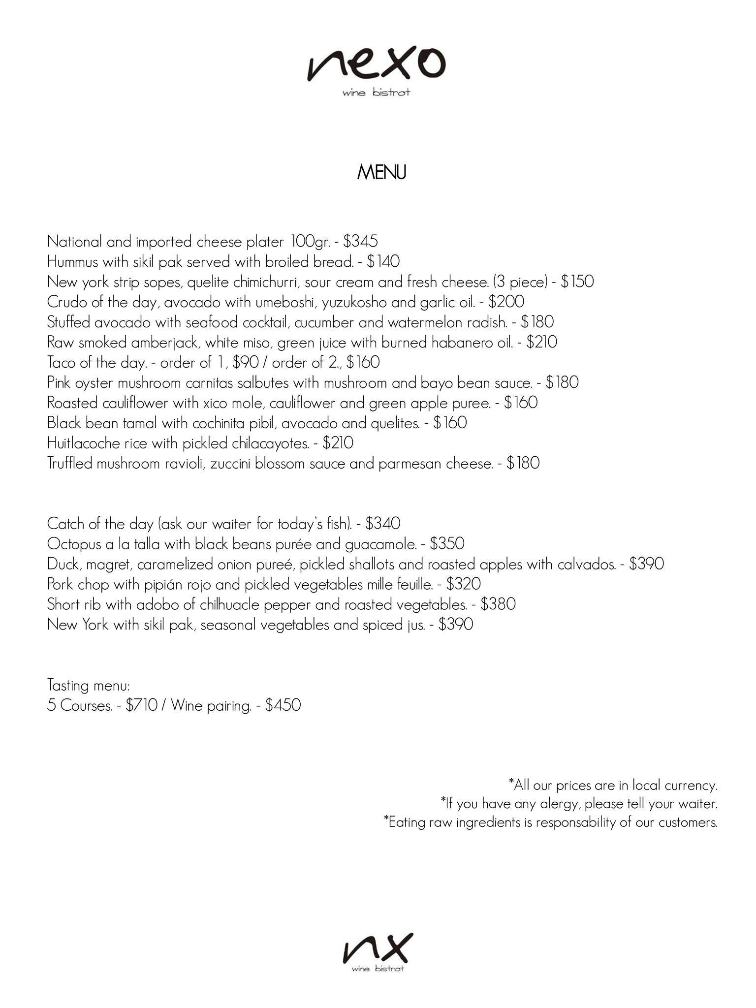 Carta del restaurante Cerrado permanentemente - Nexo Wine Bistrot ...