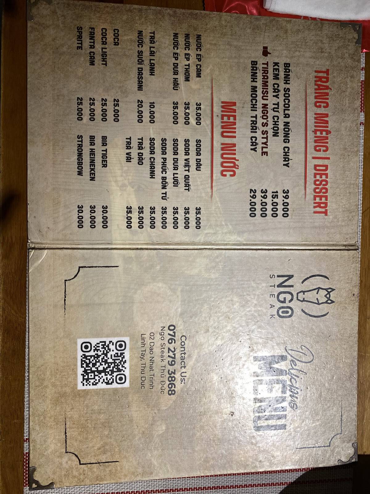 Menu at Ngo Steak restaurant, Ho Chi Minh City