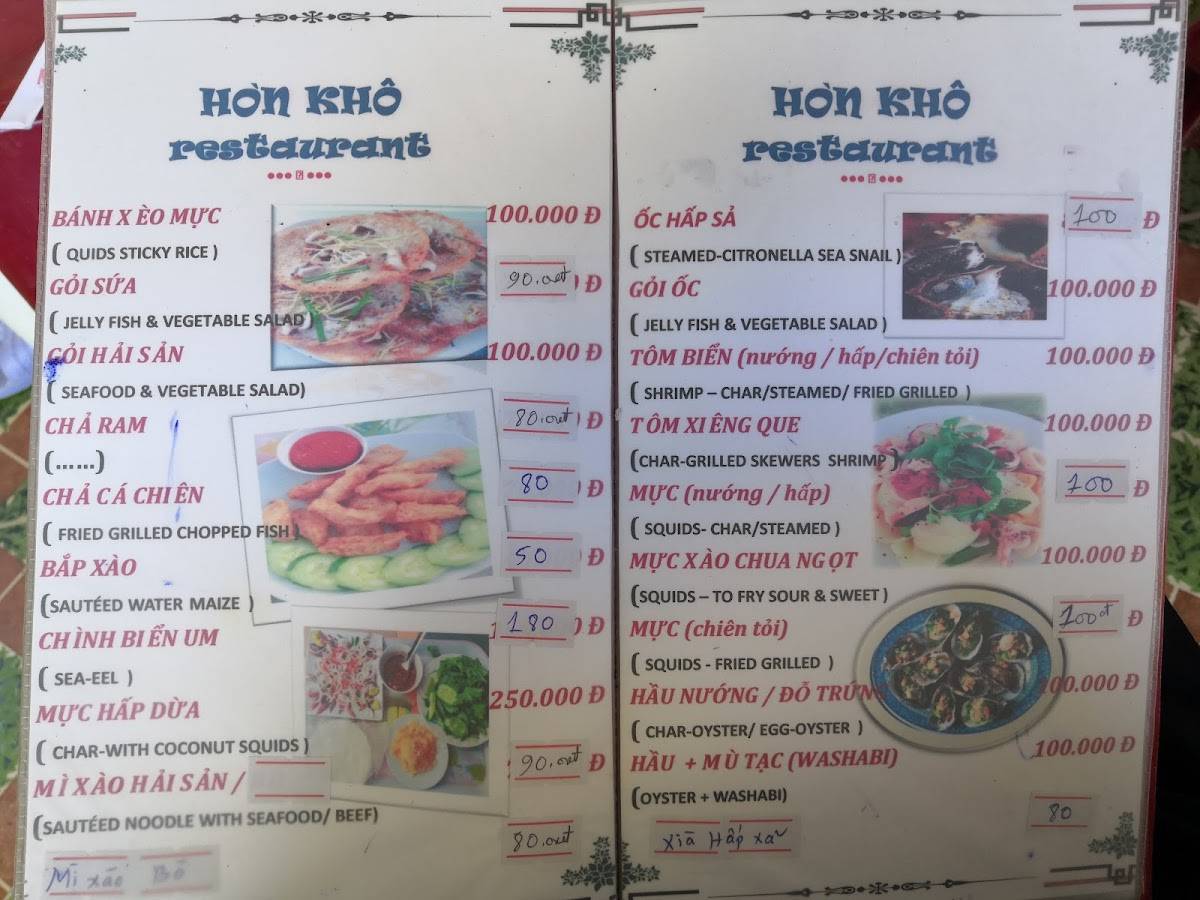 Menu at Nhà hàng Hòn Khô restaurant, Qui Nhơn