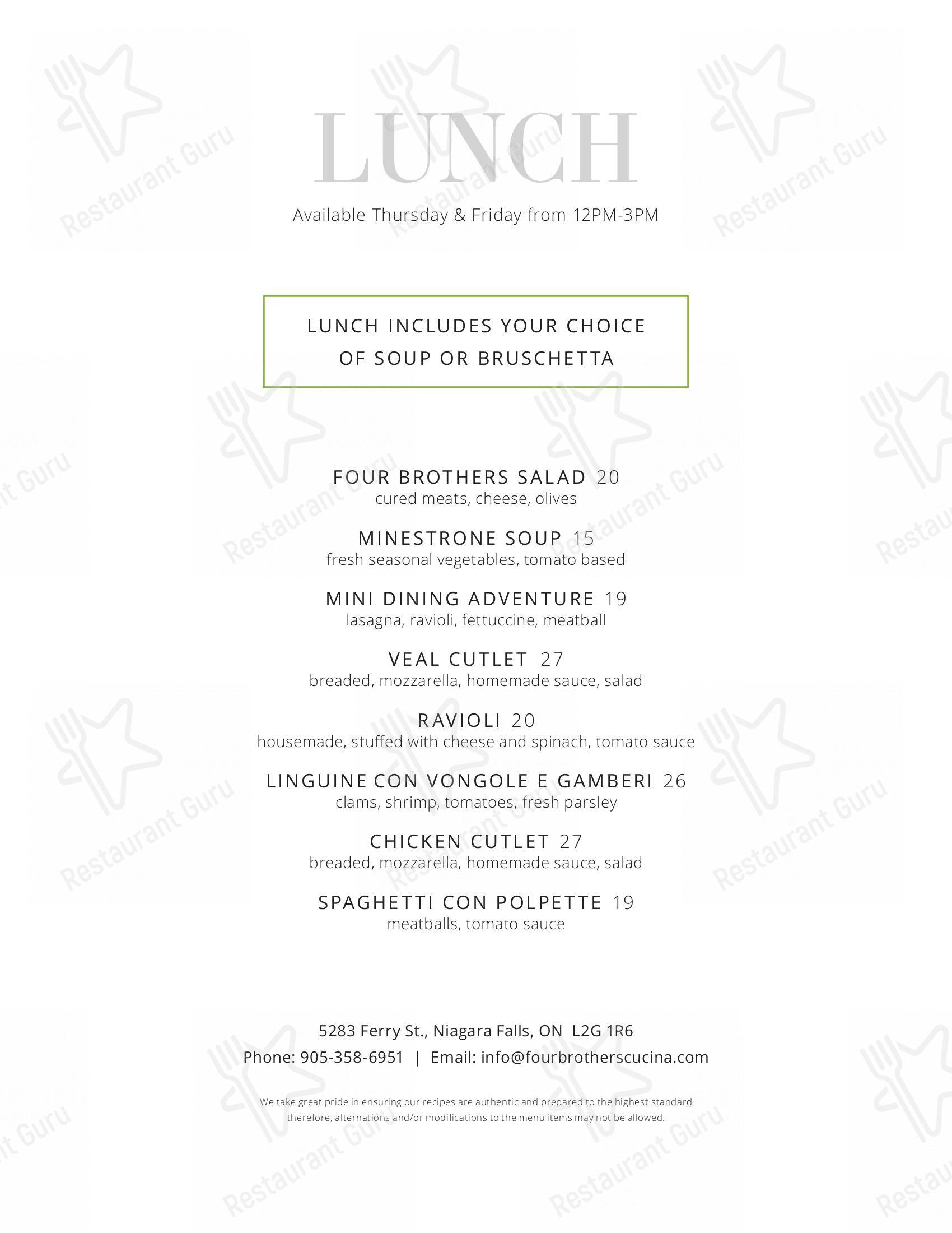 Menu at Four Brothers Cucina restaurant, Niagara Falls