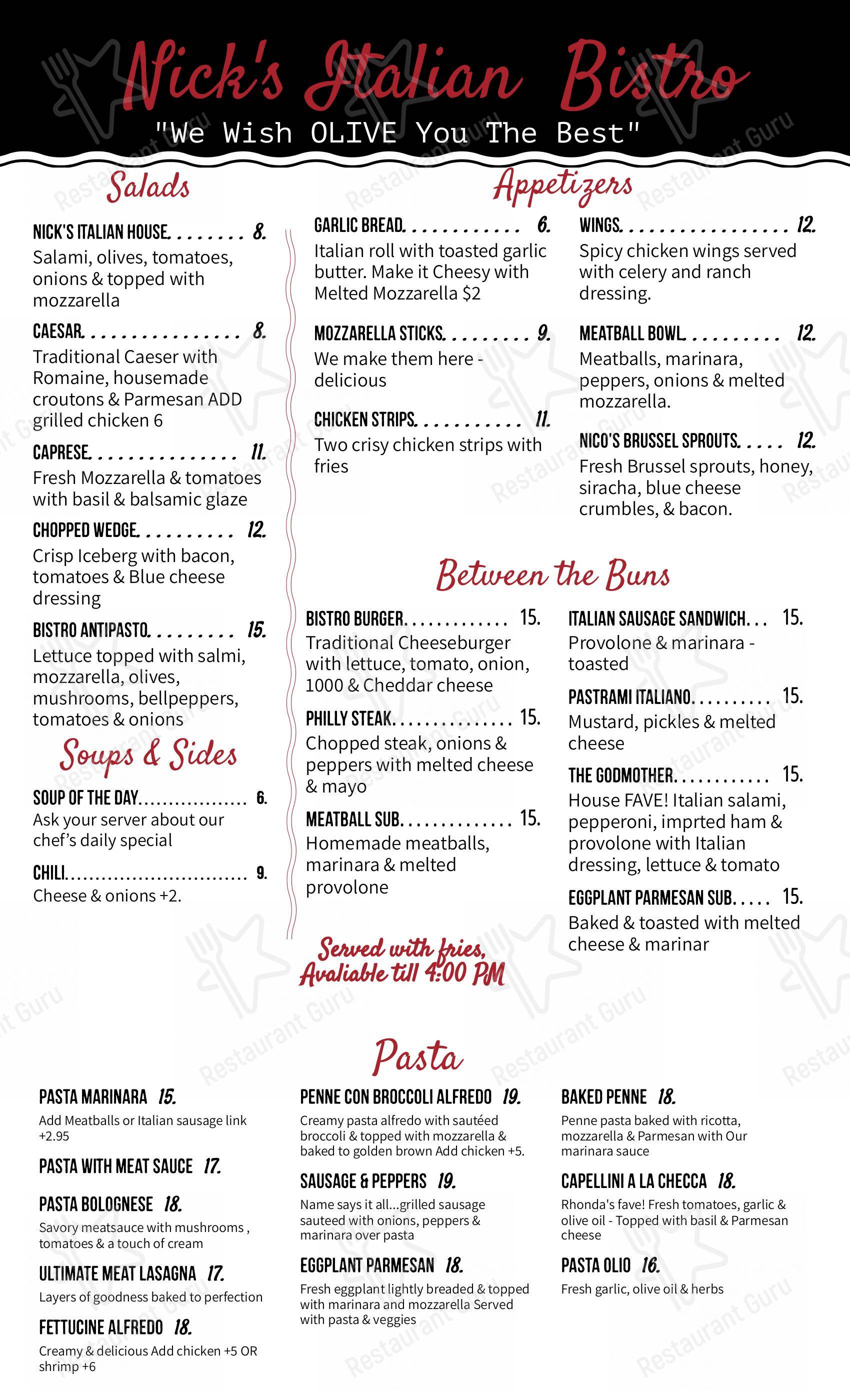 Menu at Nick's Italian Bistro restaurant, Cathedral City