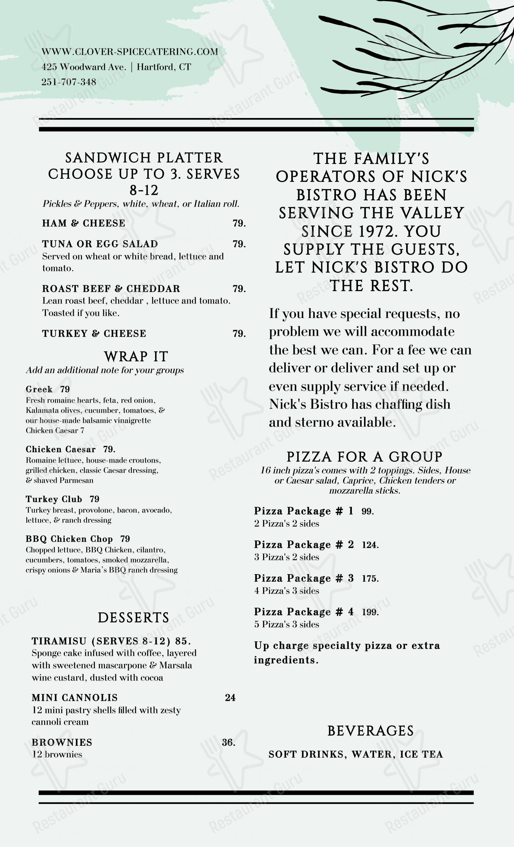 Menu at Nick's Italian Bistro restaurant, Cathedral City