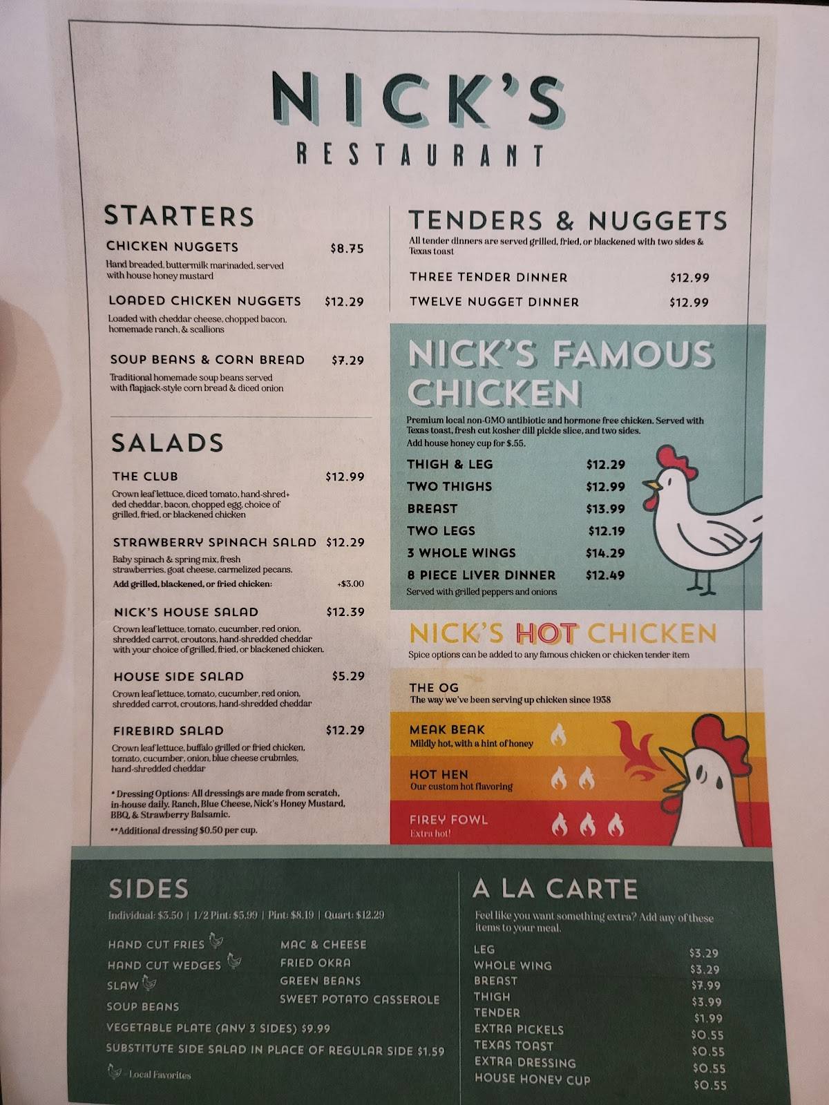 Menu at Nick's Restaurant, Kingsport